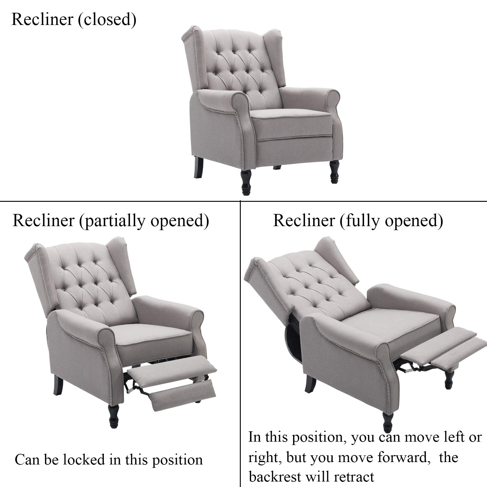 Artechworks Tufted Fabric Push Back Arm Chair Recliner Single Reclining Fabric for Adjustable Club Chair Home Theater Padded Seating Living Room Lounge Modern Sofa Grey