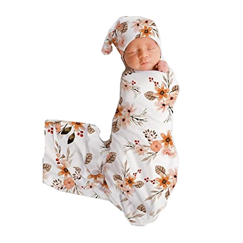 Newborn Swaddle Blanket Headband Hat Set Baby Girl Print Receiving Blanket New Born Hospital Outfit Infant Shower Gift 0-3 Months