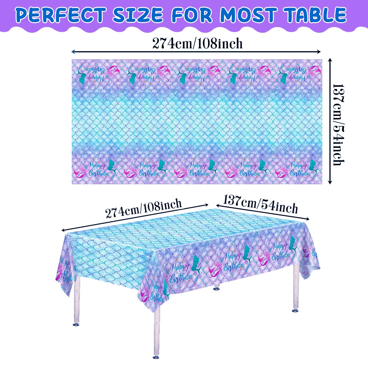 DaiUni 1PCS Mermaid Birthday Tablecloth for Birthday Party Decoration, Plastic Disposable Rectangle Table Cover for Kids Girls Party Supplies, 54" x 108"