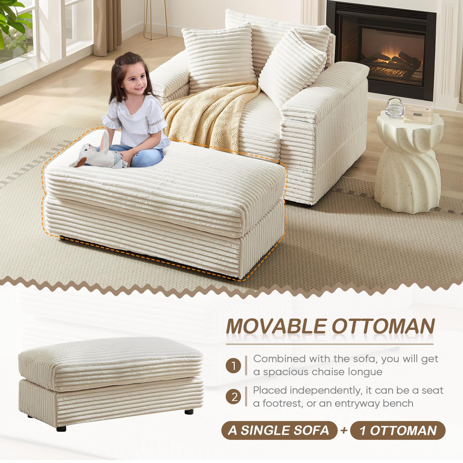 Chaise Lounge Chair Indoor, 43.3 Inch Comfy Corduroy Sectional Cloud Couch, Upholstered Single Sofa w/Movable Ottoman for Living Room, Bedroom, Apartment, Beige