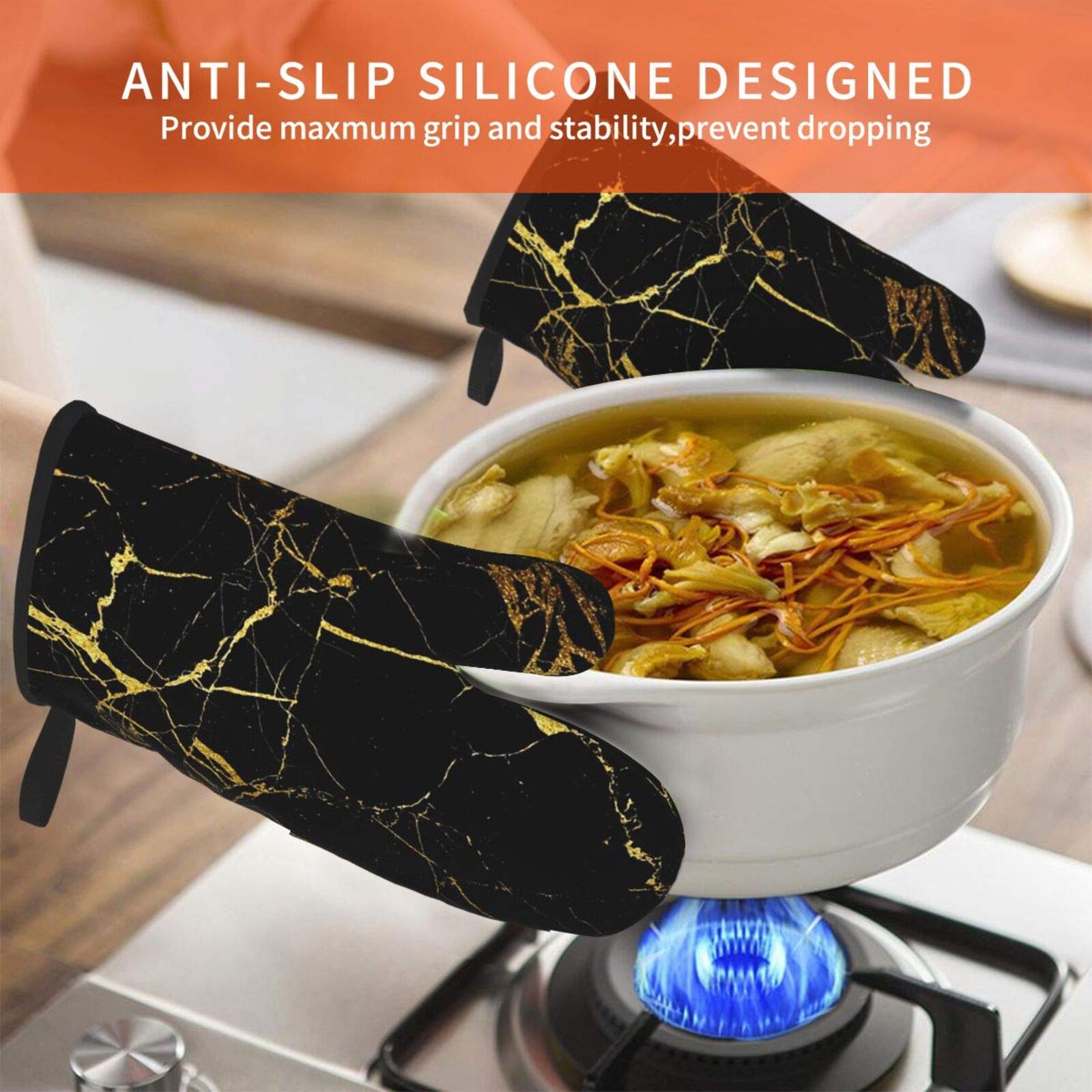 Black Gold Marble Oven Mitts Waterproof Non Slip Heat Resistant Kitchen Gloves for Baking Cooking Grilling BBQ