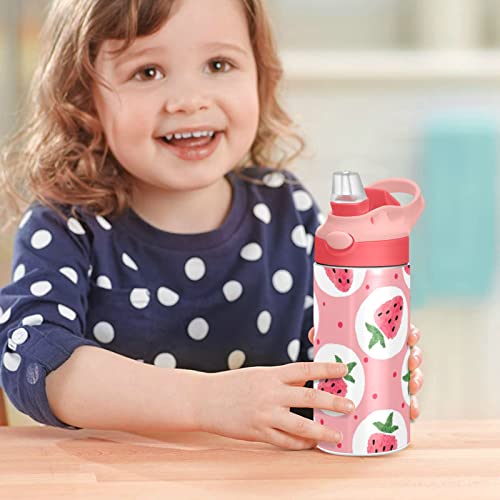 Children Insulated Water Bottles with Straw for School Kids Strawberry Pink Cute Stainless Steel Vacuum Double Wall Keeps Hot and Cold with Handles