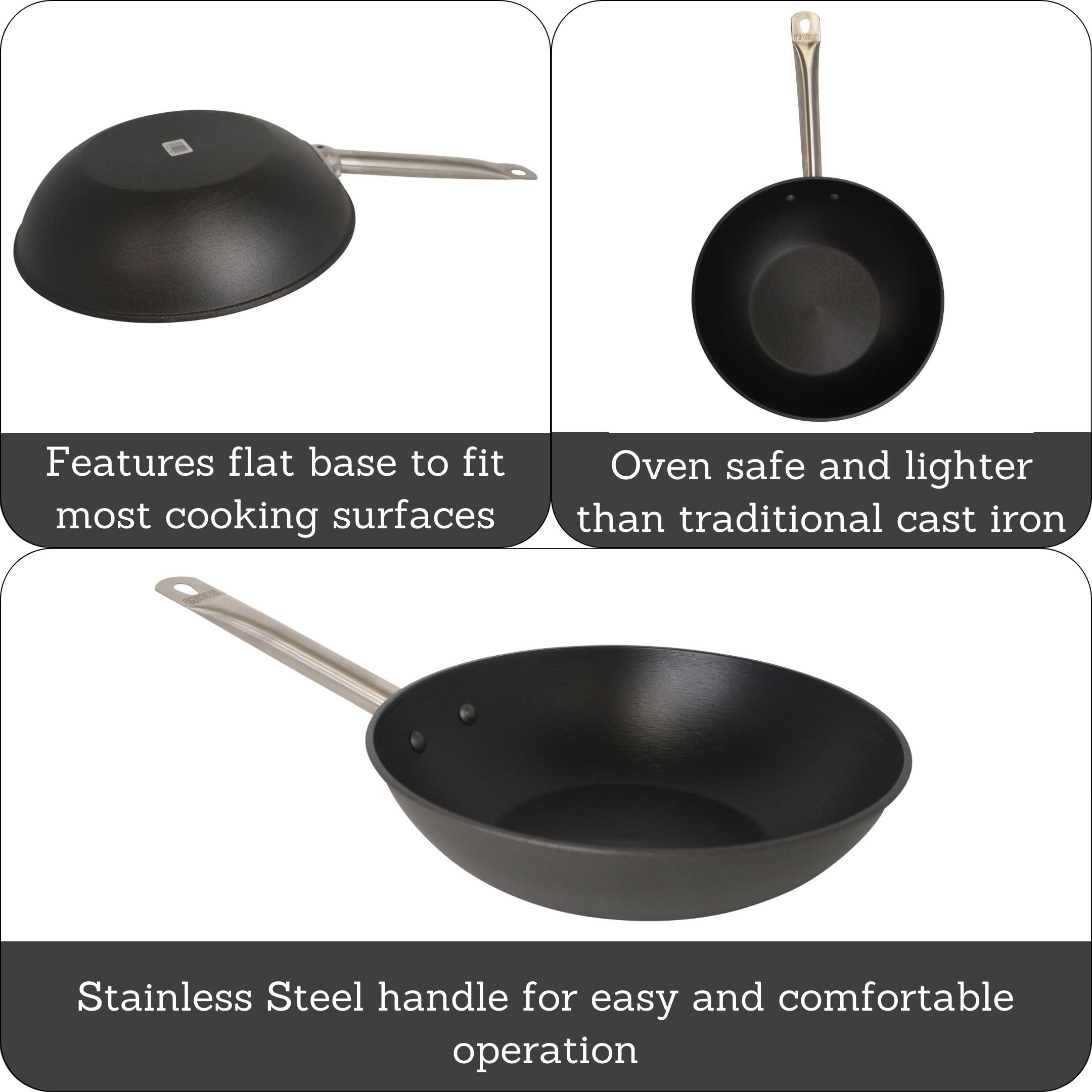 IMUSA Light Cast Iron Wok with Stainless Steel Handle & Pre-Seasoned Nonstick Interior, 12", Black