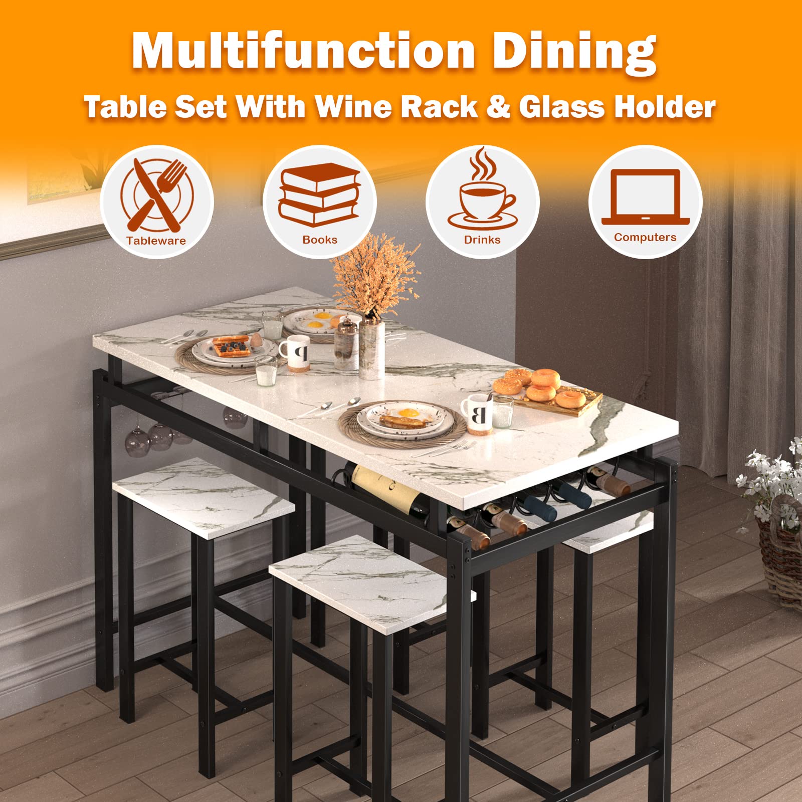 basenji Dining Table Set for 4, 5 Piece Kitchen Table and Chairs with Wine Rack and Glass Holder, Bar Table and Chairs Set Space Saving for Pub Breakfast (White Statuario Wine Rack)