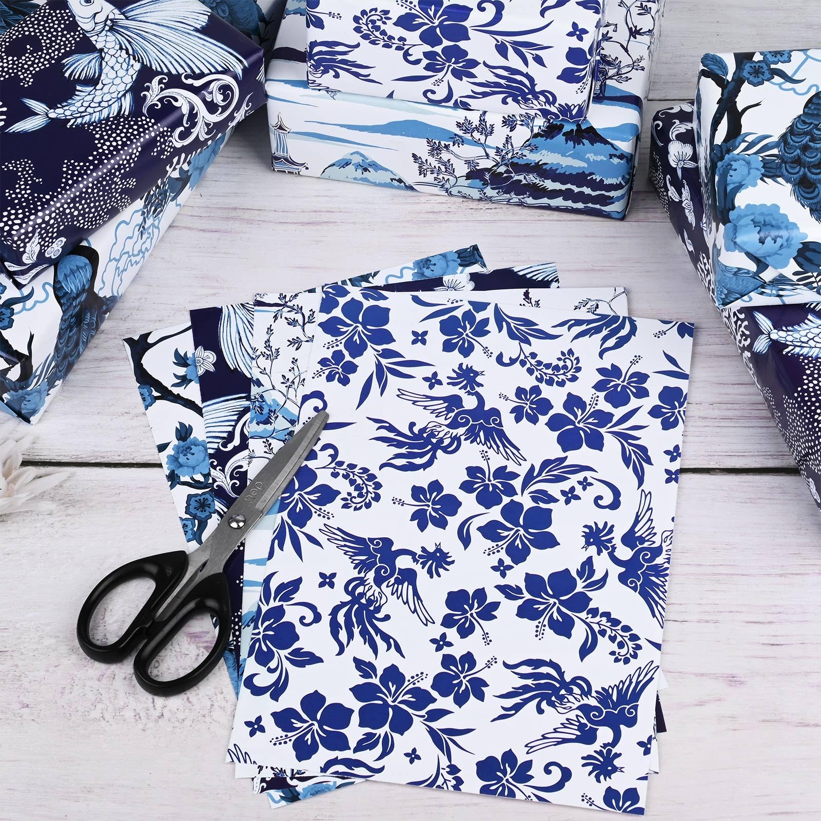 Bolsome 12 Sheets Blue White Chinoiserie Wrapping Paper Blue White Vintage Peony Floral Bird Fish Patterned Gift Wrap Paper for Wedding Bridal Shower Birthday DIY Craft