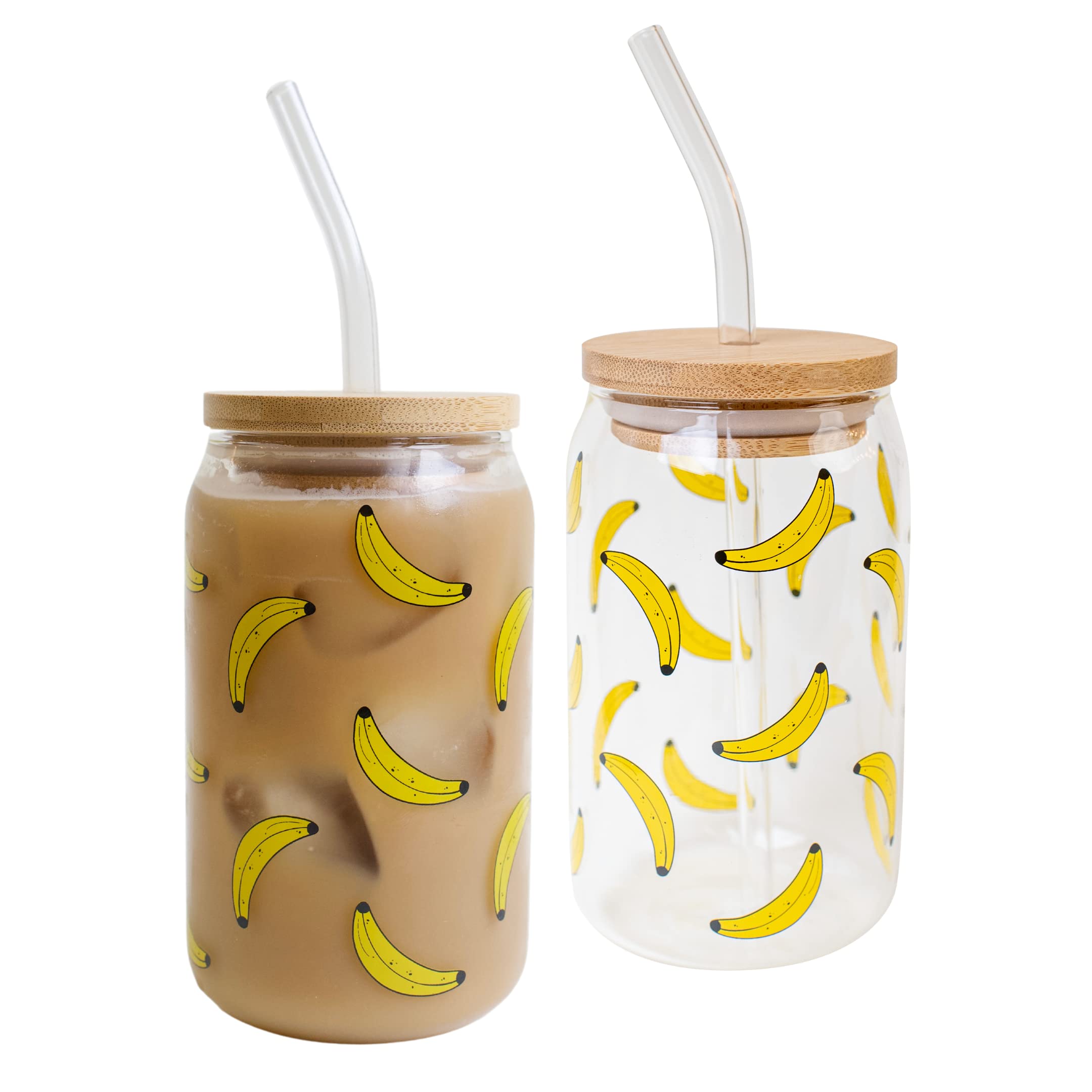 BANANA POP-ART CUP, TUMBLER, ICED COFFEE CUP, BAMBOO LID, GLASS STRAW, 12 OZ DRINKING GLASS, BEER CAN SHAPED GLASS, MASON JAR, BANANA GIFT, BANANA ACCESSORIES, BANANA CUP, ICED TEA, LEMONADE CUP