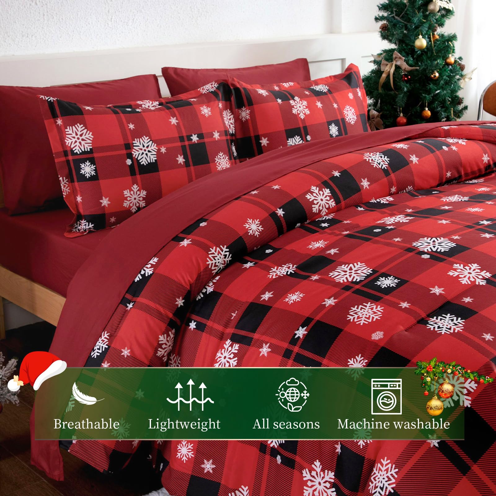Christmas Duvet Cover Set Queen, Boho Red Teal Striped with Reindeer Cardinals Pattern Bedding Comforter Cover Set for Festive Bedroom Decor 3 Pieces Zipper Closure