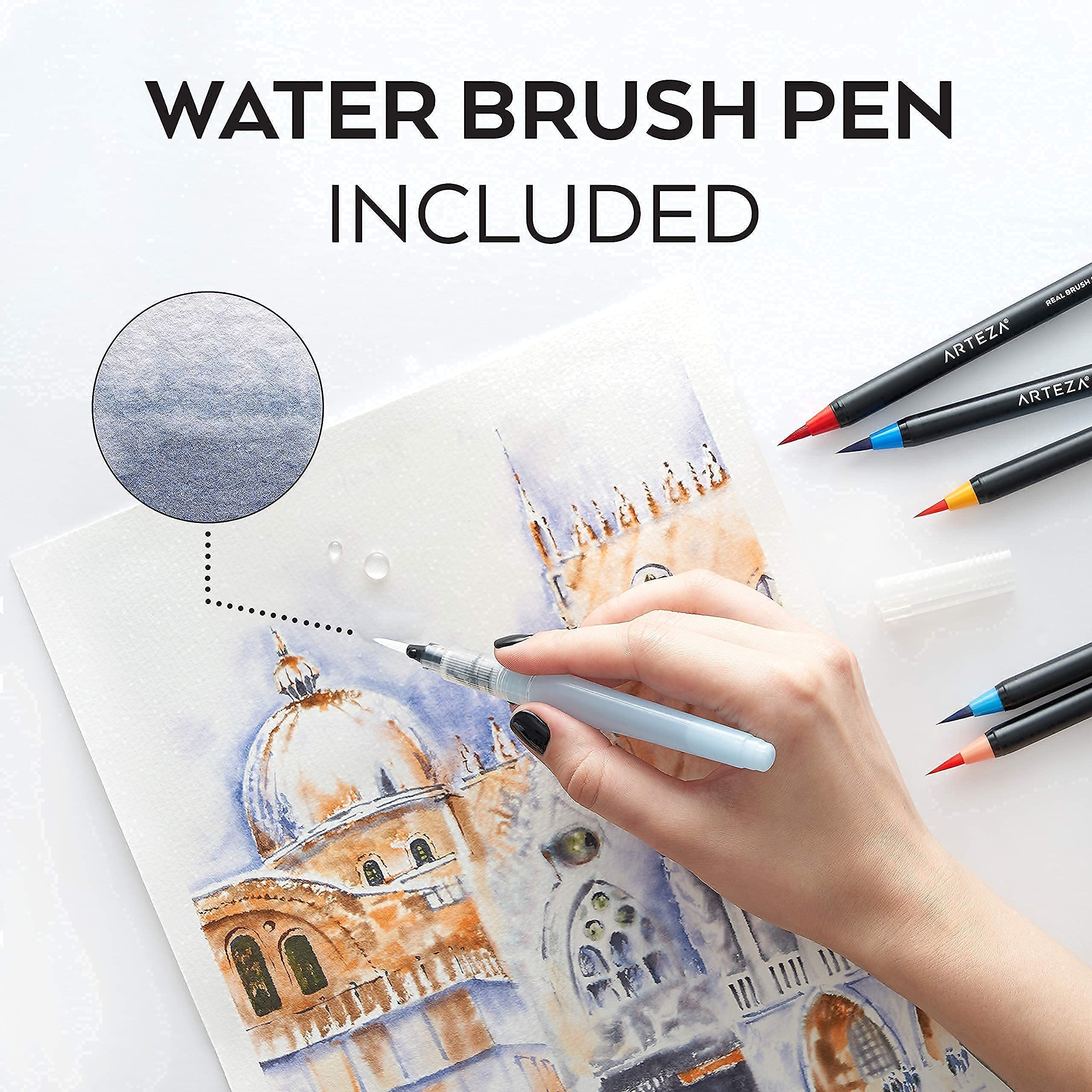 Arteza Real Brush Pens and Blank Watercolor Postcards Bundle, Drawing Art Supplies for Artist, Hobby Painters & Beginners