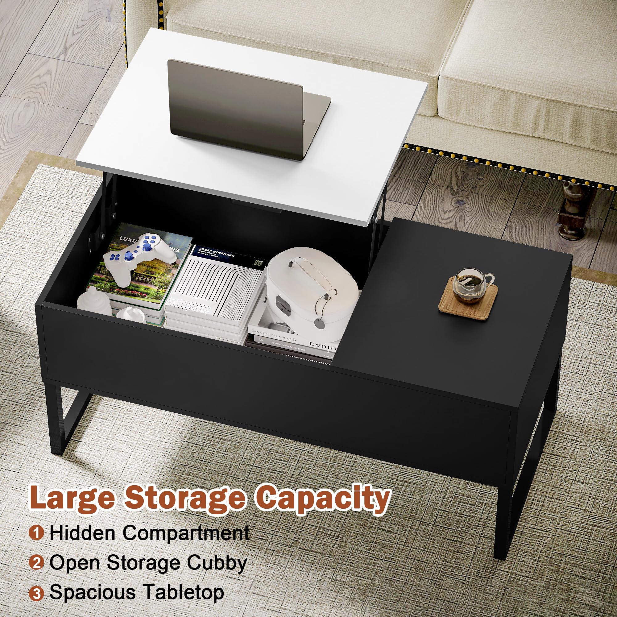 Koifuxii Lift Top Coffee Table - White Coffee Table with Lifting Top and Hide Compartment Storage - Lifted Coffee Table Rectangle - Wood Coffee Tables for Living Room