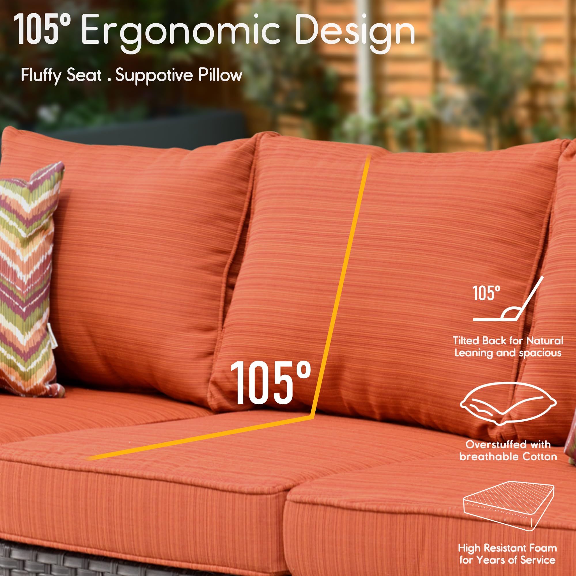 HOOOWOOO Outdoor Patio Furniture Sets 7 Pieces Patio Conversation Sets Weather Resistant Wicker Sofa Seating Set with 42" Fire Pit Swivel Rocking Chairs for 5 Persons Outside,Orange Red