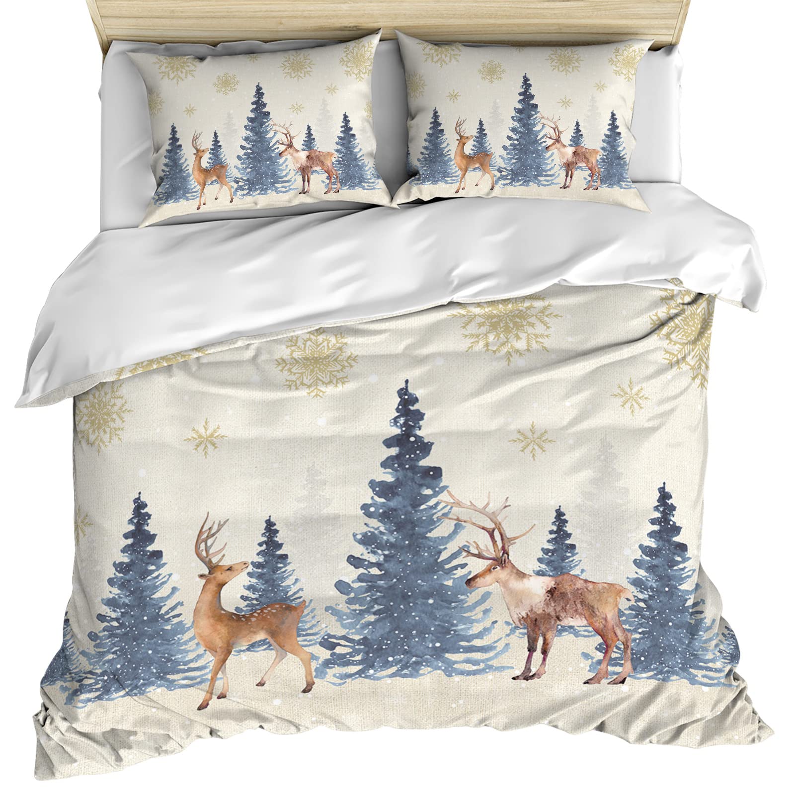 Christmas Elk Duvet Cover Set 3 Pieces with Zipper Closure, Navy Blue Ombre Xmas Tree Bedding Sets 1 Duvet Cover & 2 Pillow Cases, Deer Winter Snowflake Comforter Cover Set Duvet Cover California King