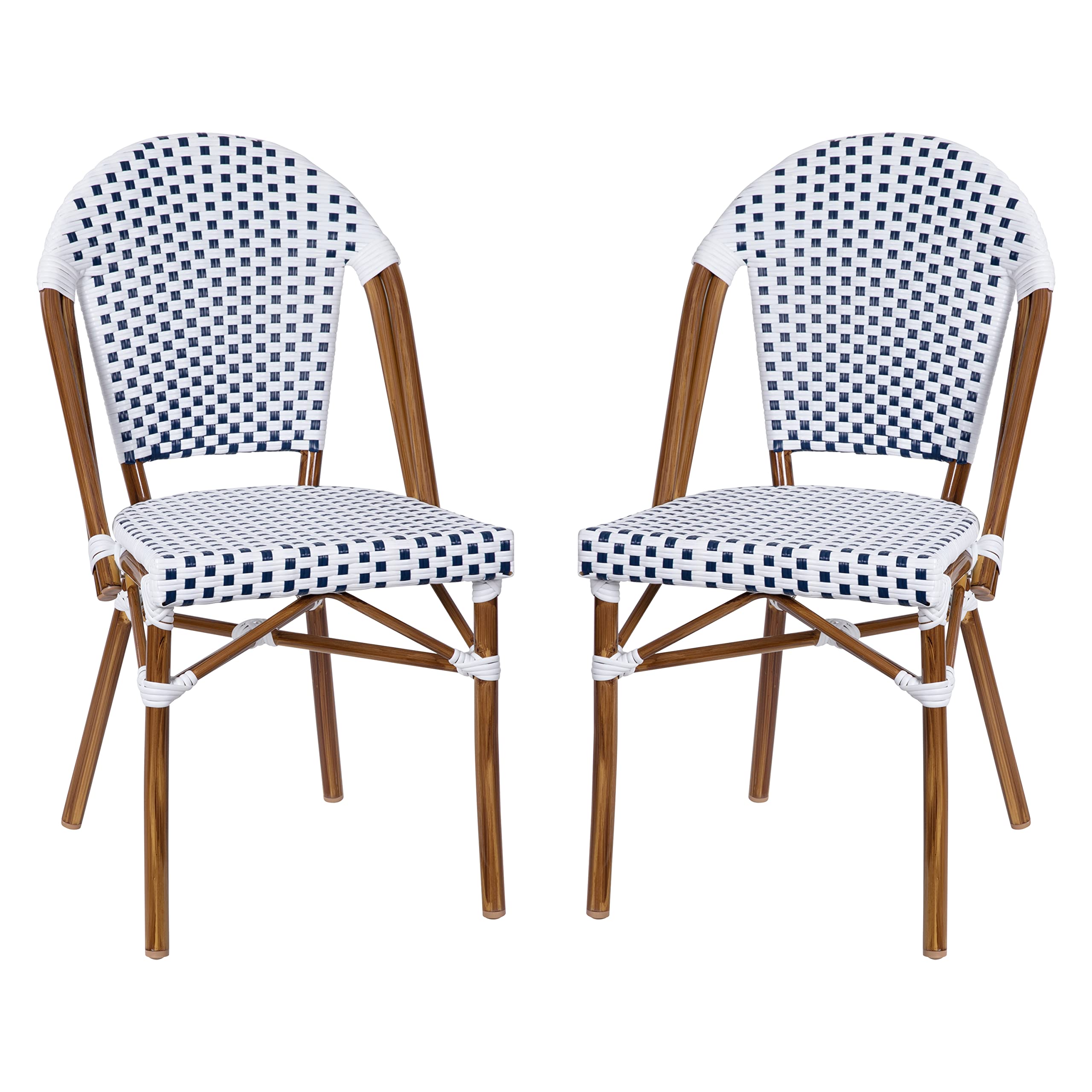 Merrick Lane Celia Bistro Chair - White & Navy Woven PE Seat and Back - Bamboo Finish Aluminum Frame - Set of Two