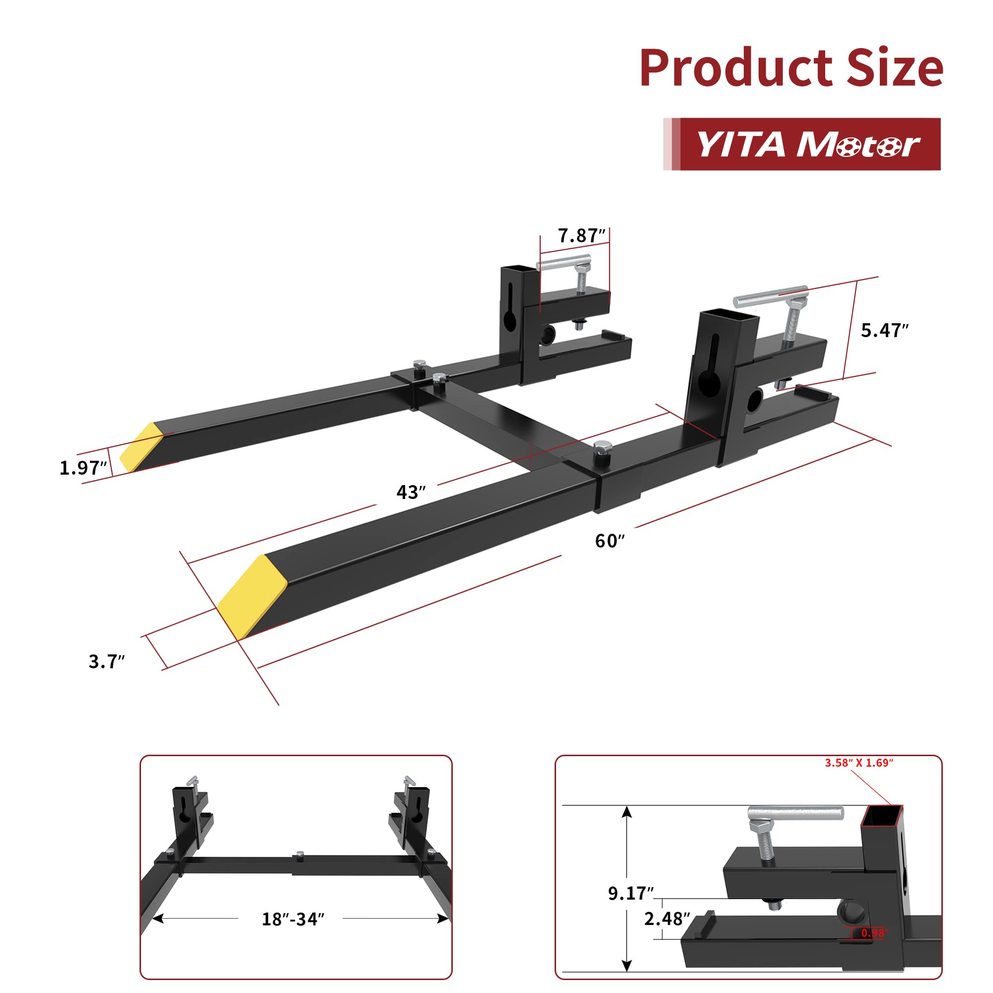 YITAMOTOR 60" 4000LBS Clamp on Pallet Forks Light Duty Forks for Tractor Loader Bucket with Adjustable Stabilizer Bar