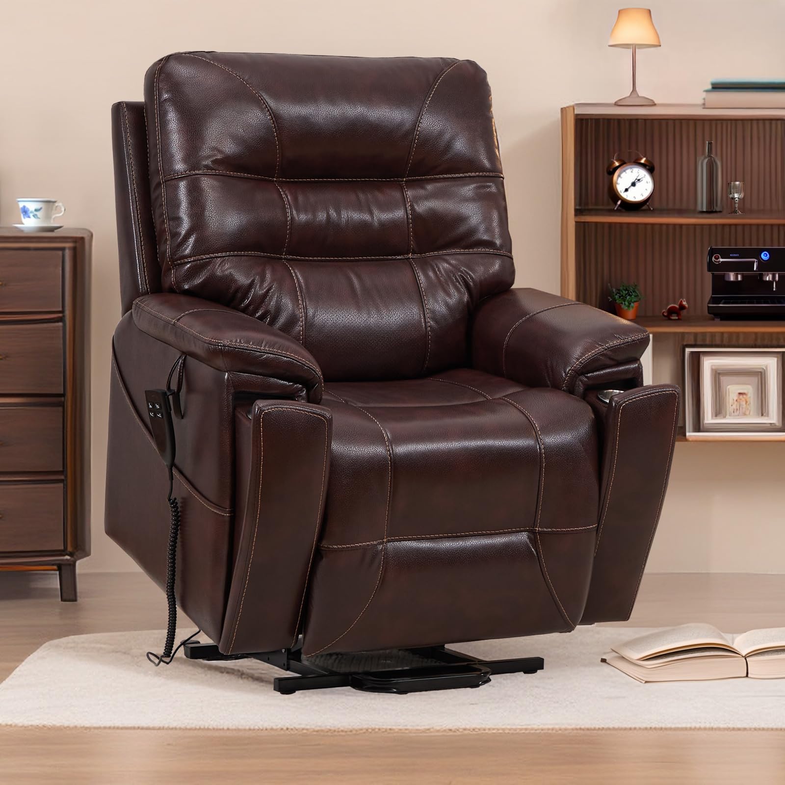 ASIMIL Large Power Lift Chairs Recliners for Elderly Dual OKIN Motor Infinite Position Ergonomics Sofa Lays Flat Chair,Hidden Cup Holder(Faux Leather,Red Brown