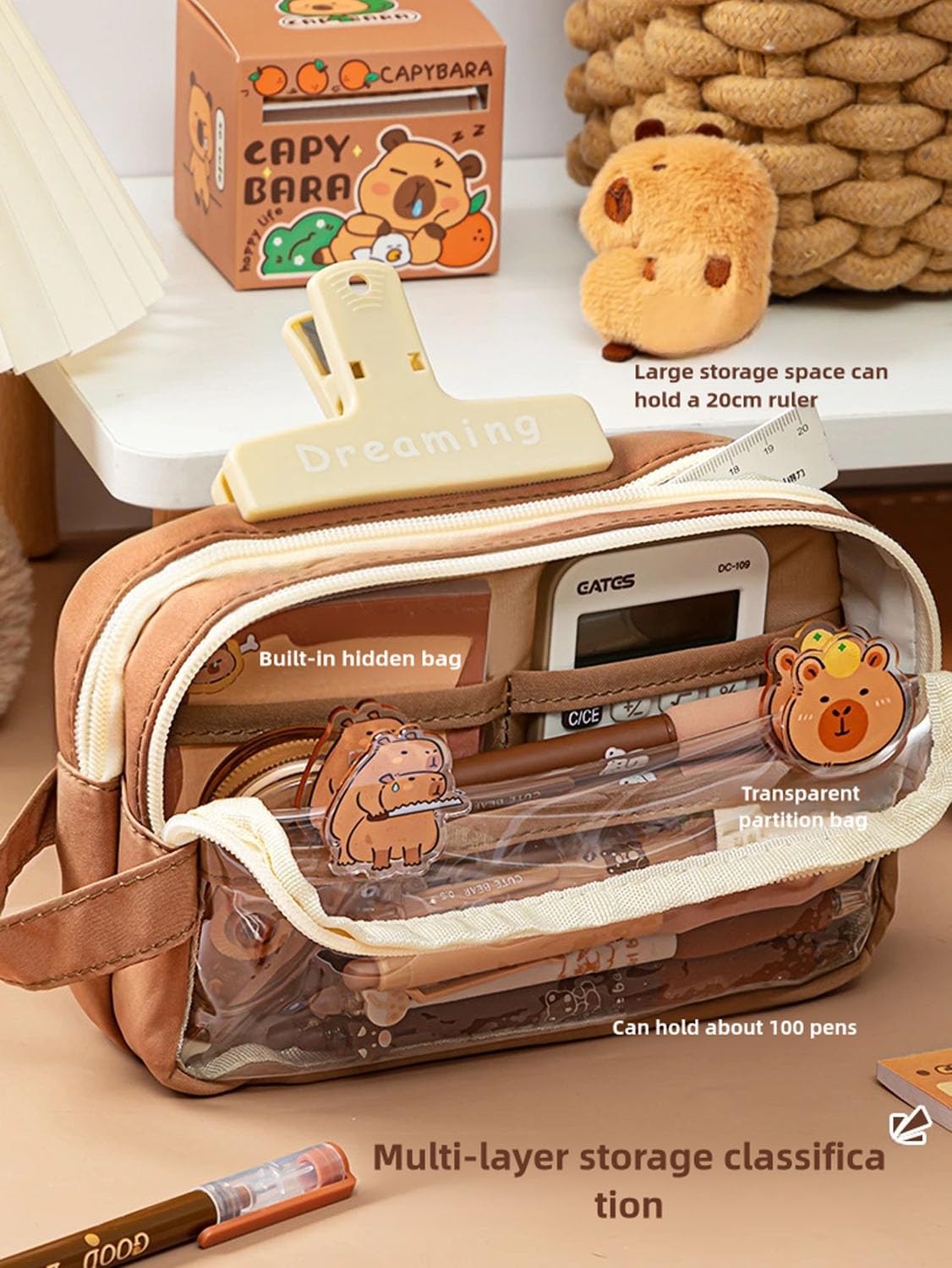 Capybara Pencil Case, Cute Msfym Pencil Pouch Lock Aesthetic Capybara, Kawaii Clear Capybara School Supplies with Compartments, Comes with Brooch, Stickers, Pendant, And Memo Pad (Brown)
