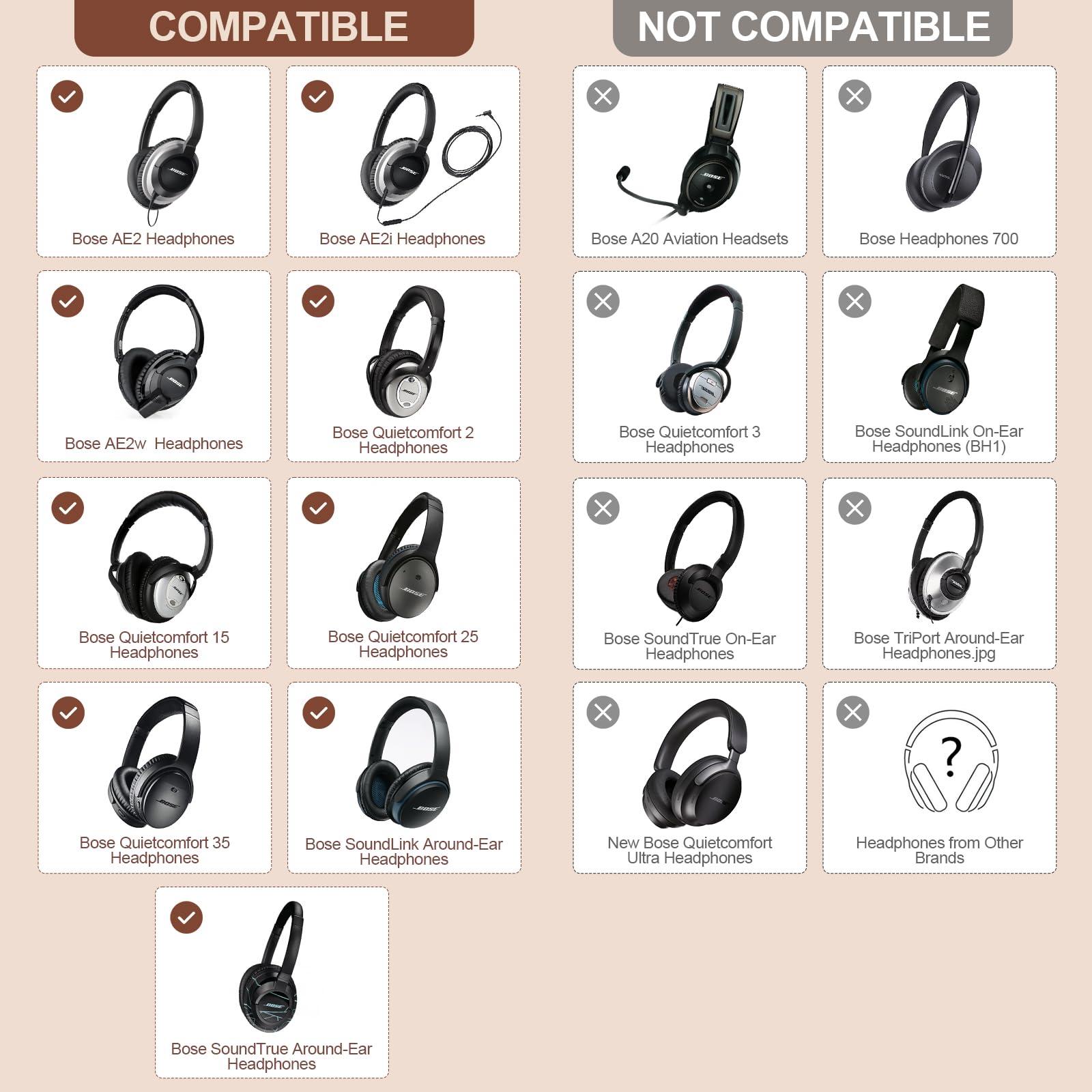 Aurivor Replacement Ear-Pads Cushions for Bose QuietComfort (QC) 35 35ii 25 15 2 and More Headphones, Upgraded Covers with Soft Protein Leather, Reinforced Sealing, Optimized Memory Foam (Coffee)