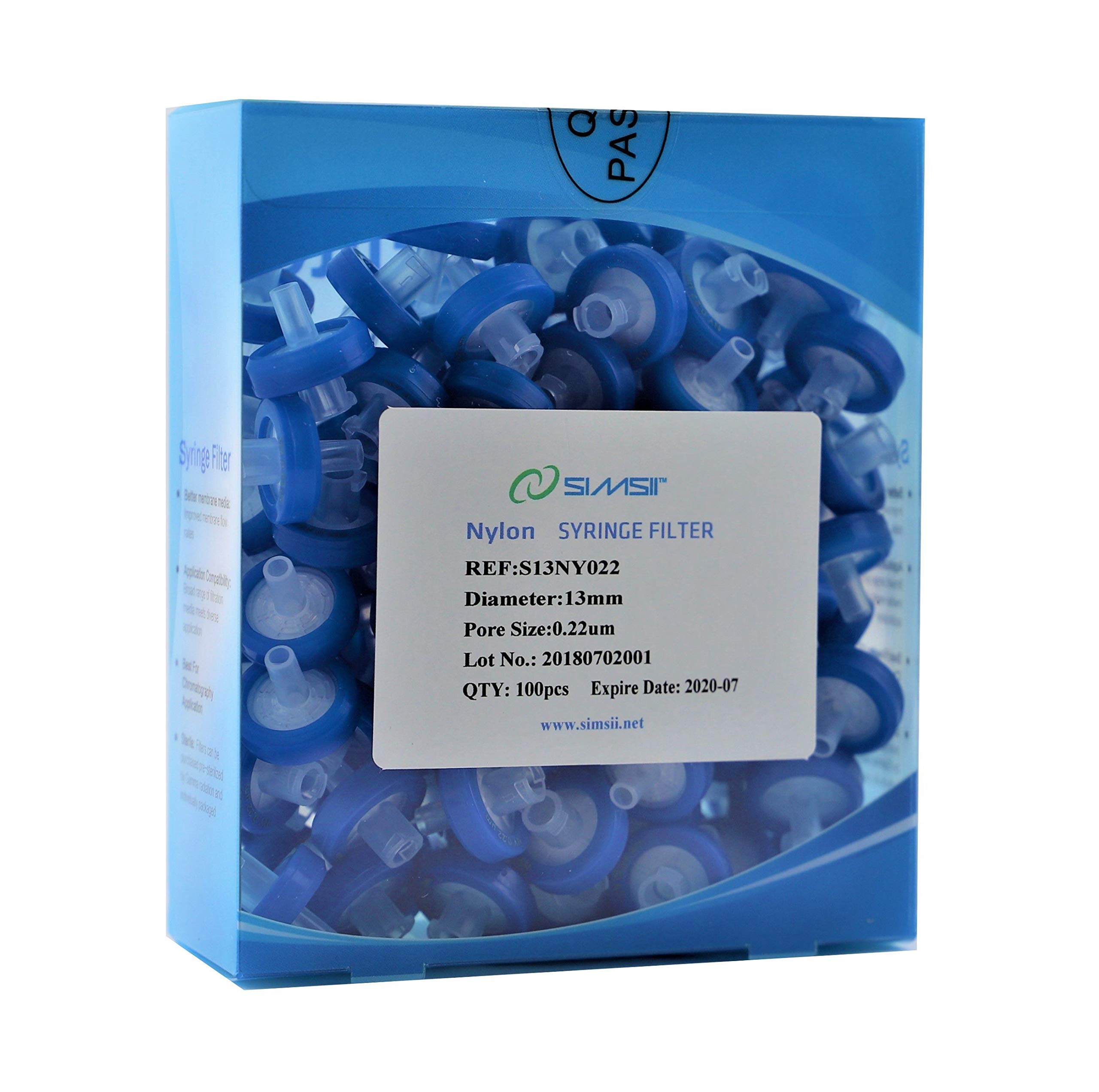 Simsii Syringe Filter, Nylon Filtration Medium, Non Sterile Membrane Lab Disc, Diameter 13 mm, Pore Size 0.22 um, Pack of 100