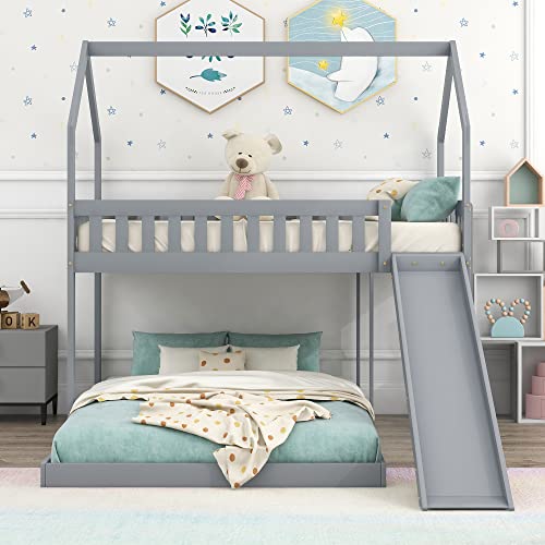 GLORHOME Twin Over Full House Bunk Bed, Detachable to Floor Bedframe and A Loftbed, with Slide, Built-in Ladder,Full-Length Guardrail for Kids Adults,Roof can be Decorated