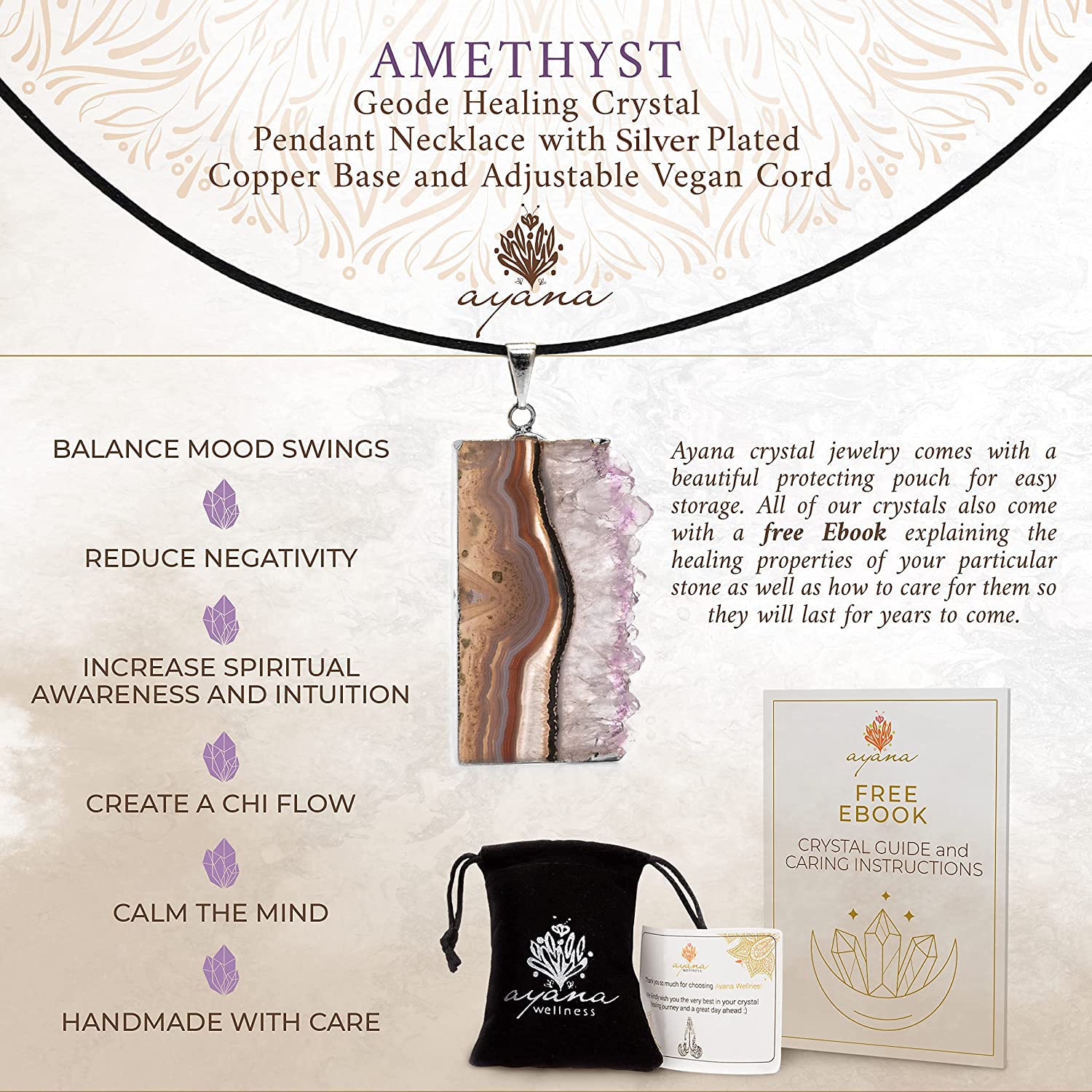Ayana Crystals Handcrafted Amethyst Geode Necklace - Silver Plated: Genuine Natural Amethyst, February Birthstone β Third Eye & Crown Chakra Activation for Aquarius & Pisces Zodiac Signs