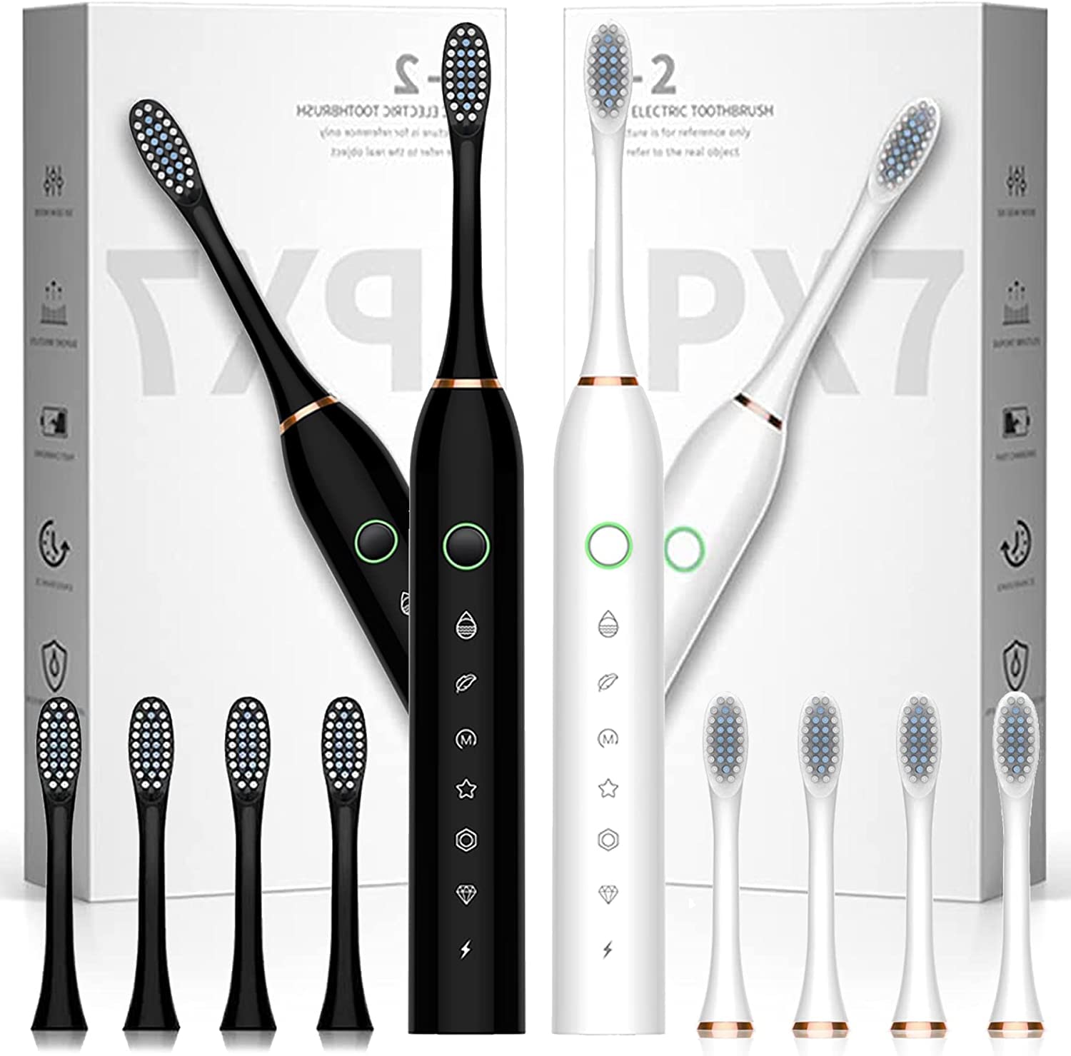 Bluvuphy 2 Pack Electric Toothbrushes Sonic Toothbrush Whitening with 8 Brush Heads, 6 Cleaning Modes and Smart Timer, for Adults Rechargeable Waterproof Cleaning Toothbrushes(Black+White)