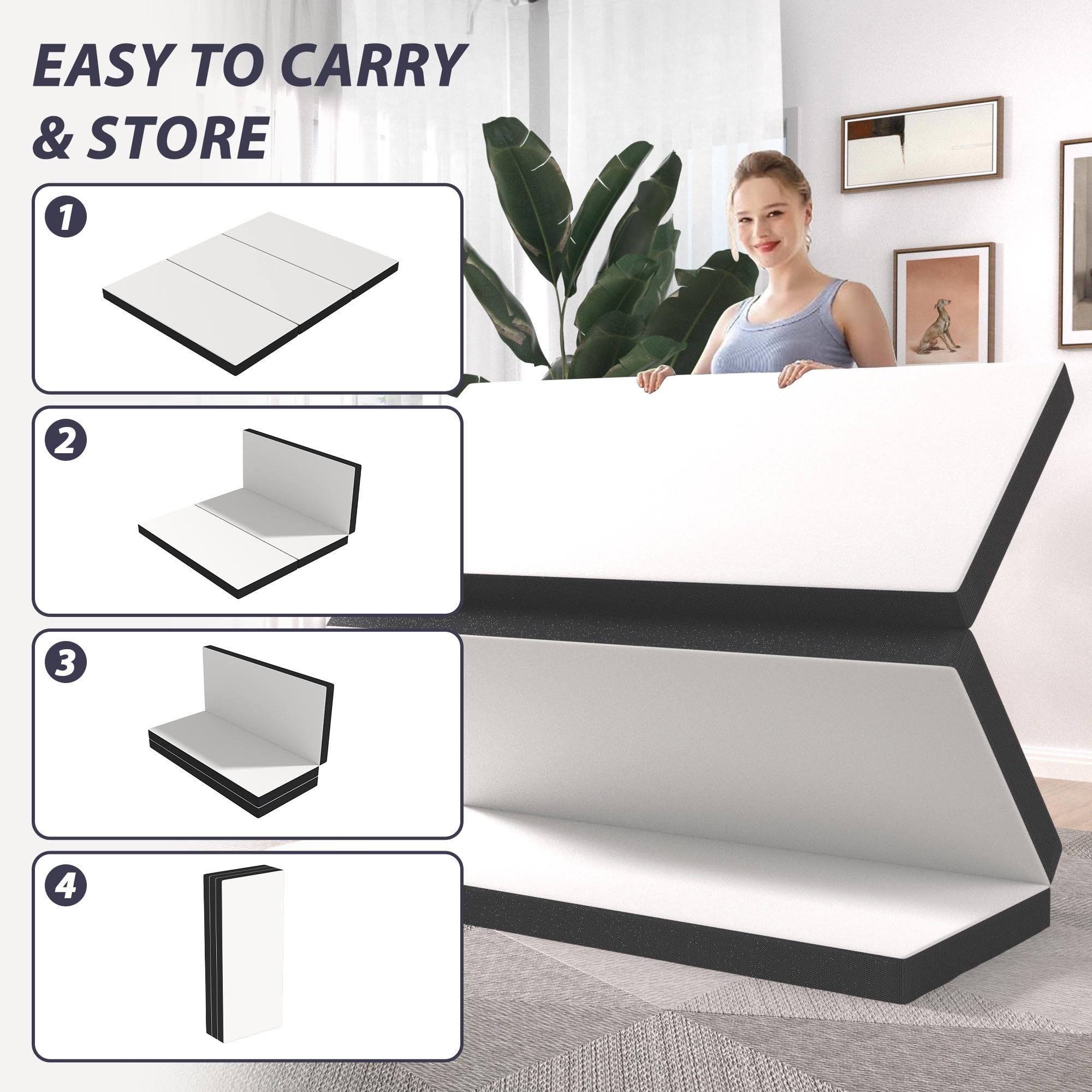 BORGEBY 4-Inch Tri-Folding Memory Foam Mattress - Portable Folding Mattress with Breathable Mesh, Removable Cover, Comfortable Support, Therapeutic Qualities, Queen Mattress (73"x52"x4")