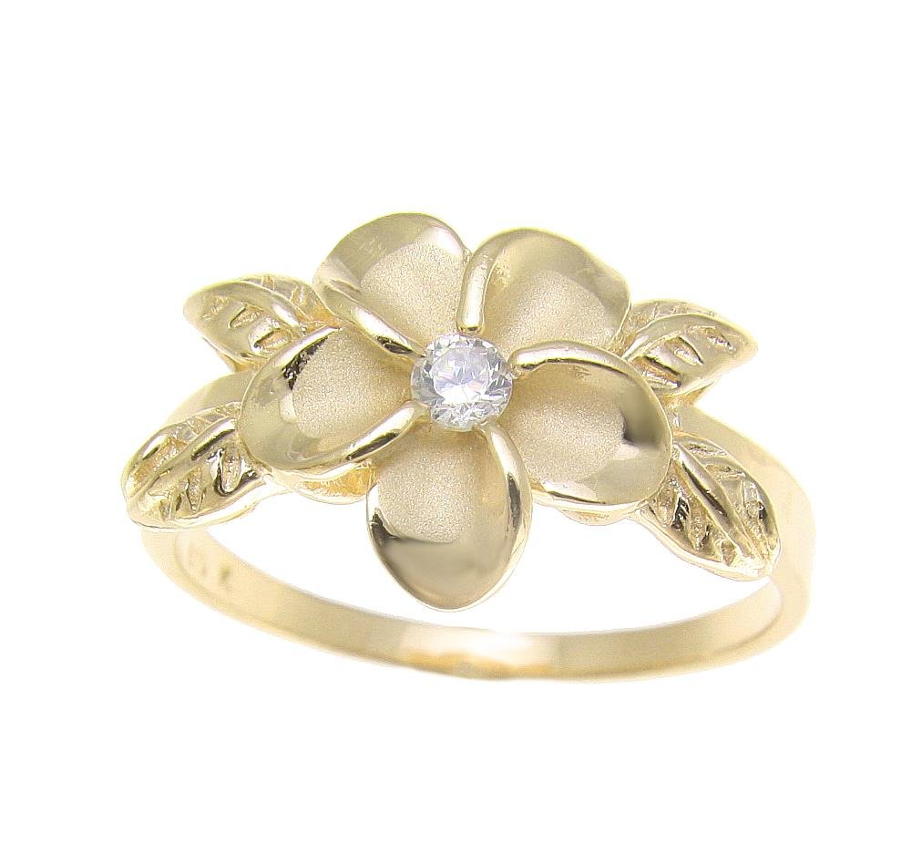 Arthur's Jewelry Yellow gold plated 925 sterling silver Hawaiian plumeria flower cz maile leaf leaves ring size 5