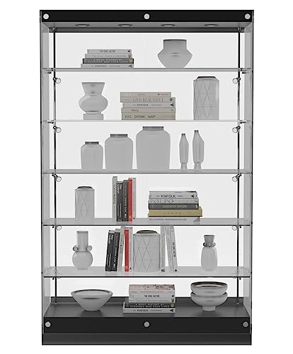 Displays2go 4’ Frameless Glass Showcases with LED Lighting, Adjustable Shelves, Locking, MDF – Black (GTAP48LEDB)