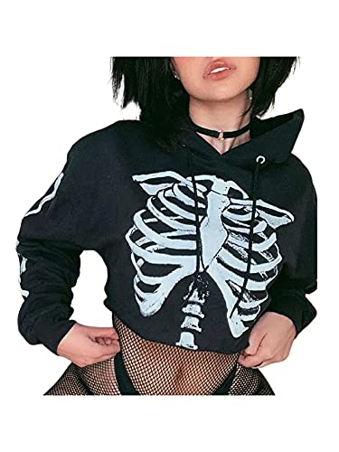 Chloefairy Women's Skeleton Print Crop Top Gothic Punk Hoodies Bandage Casual Pullover Long Sleeve Relaxed Fit Sweatshirts (Black, Small)