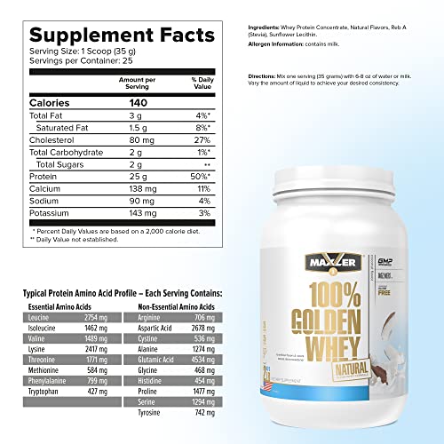 Maxler 100% Golden Whey Protein Powder - Natural Clean Whey Formula for Pre & Post Workout - Low Sugar & Low Carb Protein Powder - GMO, Gluten Free, Naturally Sweetened - Coconut Protein Powder 2 lb