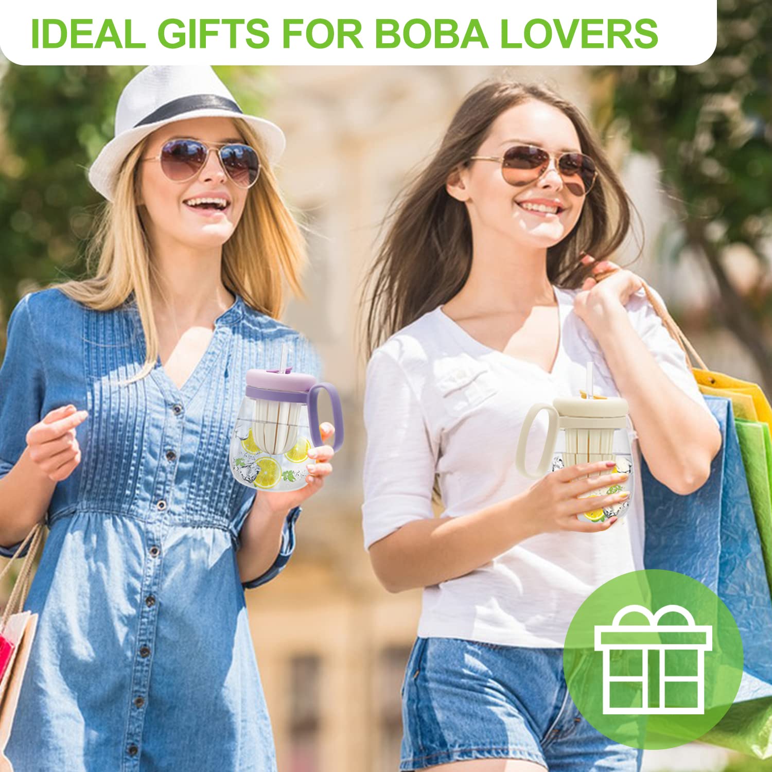 BYMIOYA 30 oz Glass Tumbler - Festive Gift for Christmas & Valentine's Day - Reusable Boba Cup with Tea Infuser, Lid, Straw, Handle. Ideal for Smoothies, Leak-Proof Mason Jar with Food-Grade Silicone