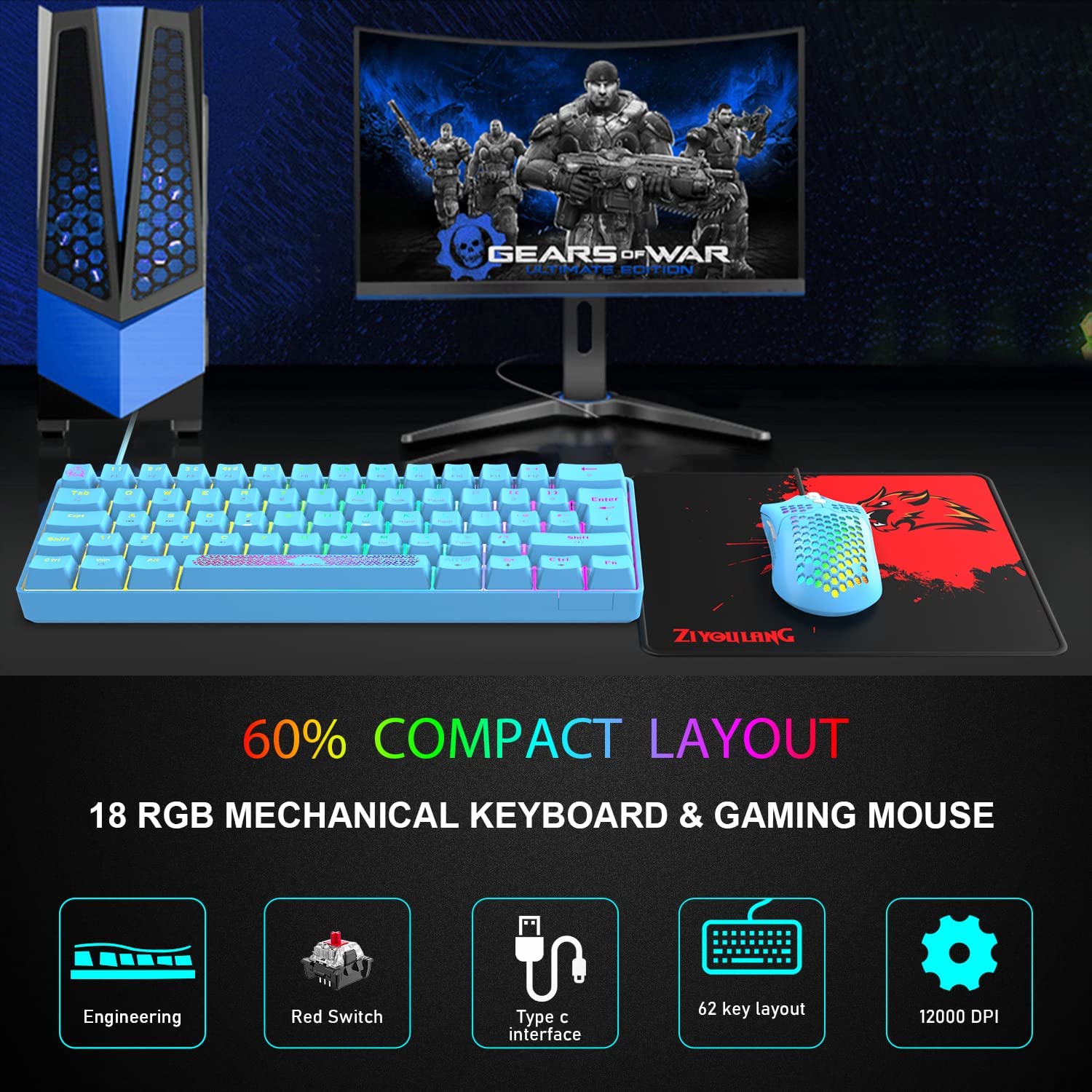 GK61Pro Mechanical Gaming Keyboard and Model Mouse Combo,Wired 18 Chroma RGB Backlit 62key Anti-ghosting Honeycomb Gaming Mouse 12000 DPI Ergonomic for Windows PC Gamers Typists(Blue/Blue Switch)