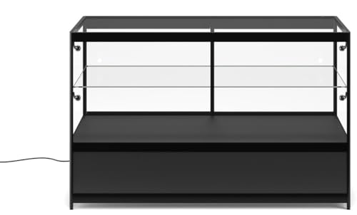 Displays2go 60 Inch Glass Showcase, Hidden Storage, LED Lights, Lockable Sliding Door - Black (IAPHV60LED)