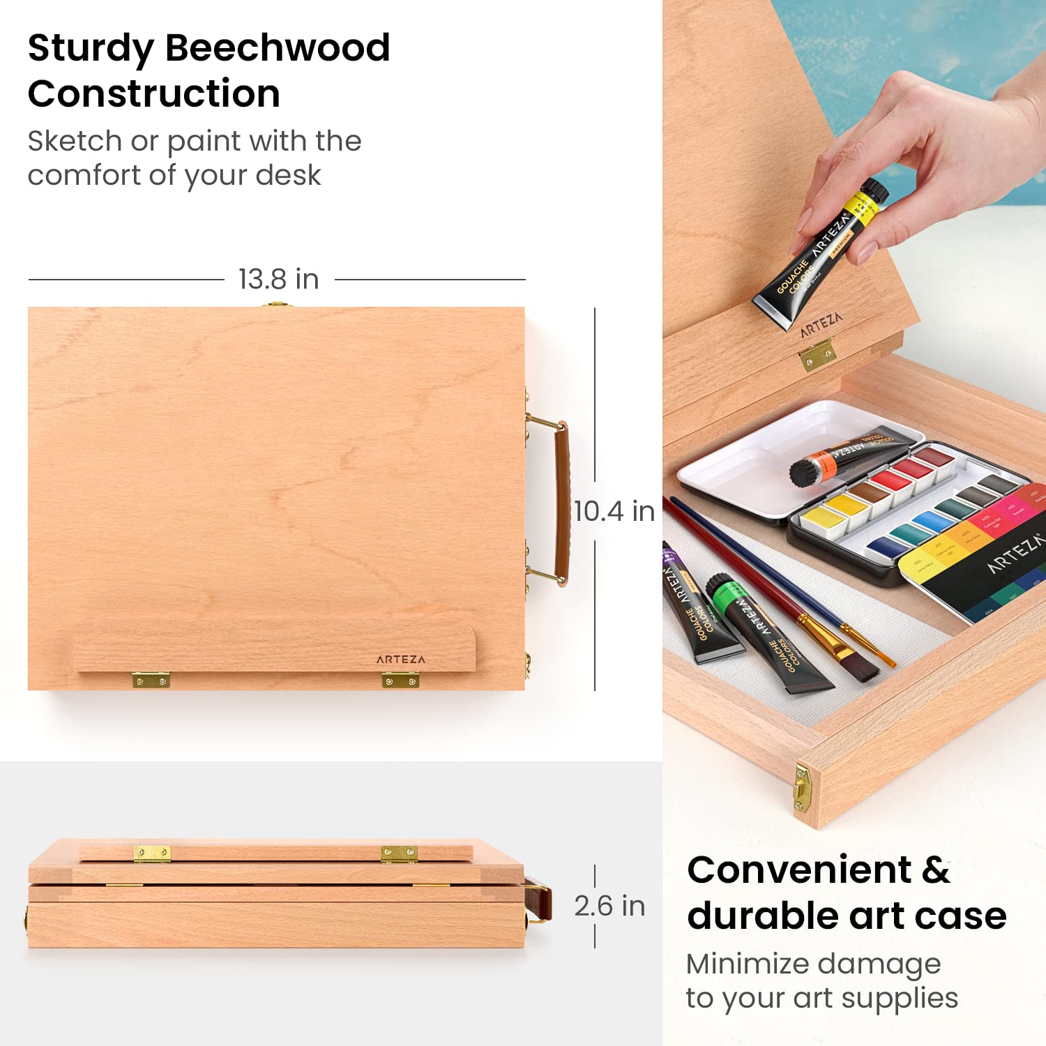 Arteza Tabletop Easel, 13.4 x 10.3 x 2 Inches, Portable Beechwood Easel Box with Single, Open-Compartment Drawer and Wooden Palette, Art Supplies Storage for Professional Artists, Multicolor
