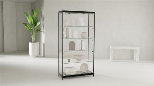 Displays2go Black LED Trophy Showcase, Locking, LED Lighting, Tempered Glass, Laminated MDF & Aluminum β Black (LESC10478B)