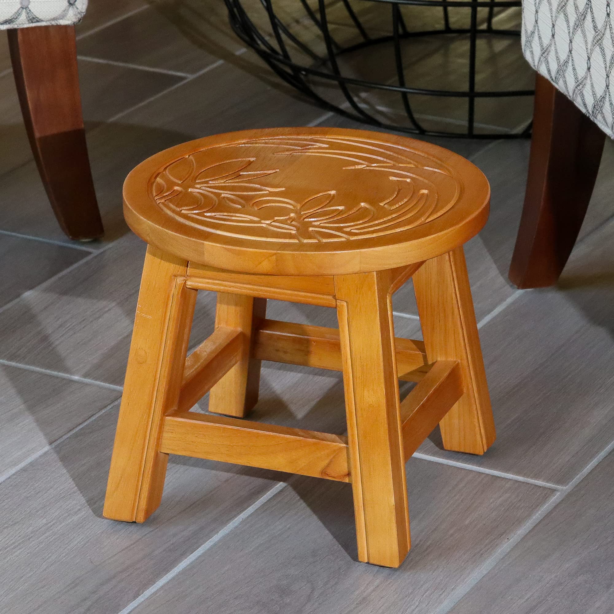 DTY Indoor Living Fairplay Carved Wooden Step Stool, Floral, Natural