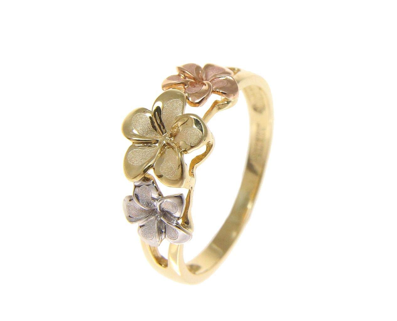Arthur's Jewelry Solid 14k tricolor gold 6.5mm-8mm-6.5mm Hawaiian plumeria flower ring size 10