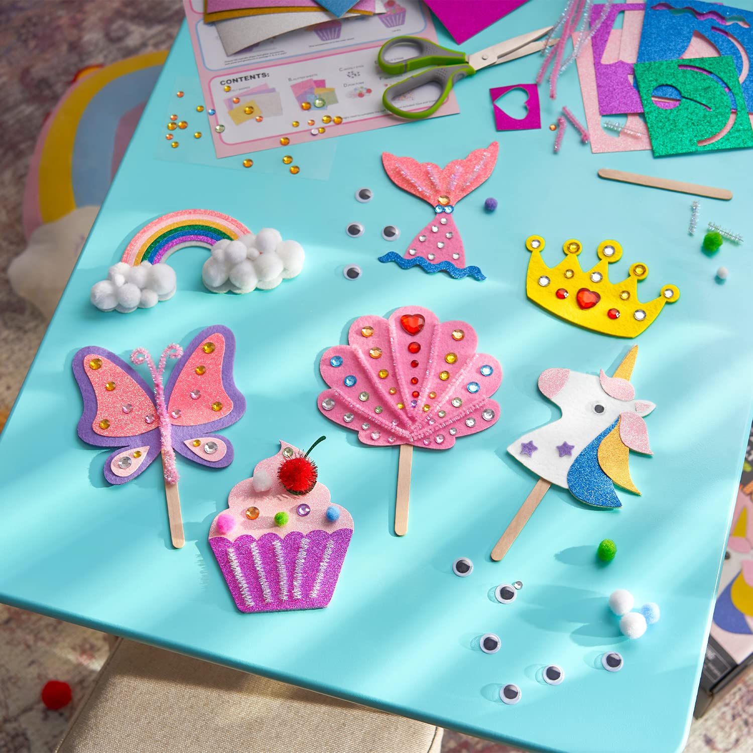 Arteza Kids Felt Kit, 422 Pieces, 21 Pre-Cut Glitter & Glitz Shapes, Assorted Felt Sheets, Glitter Mini-Pieces, Chenille Stems, and Accessories, Educational Kids’ Craft Supplies to Inspire Creativity