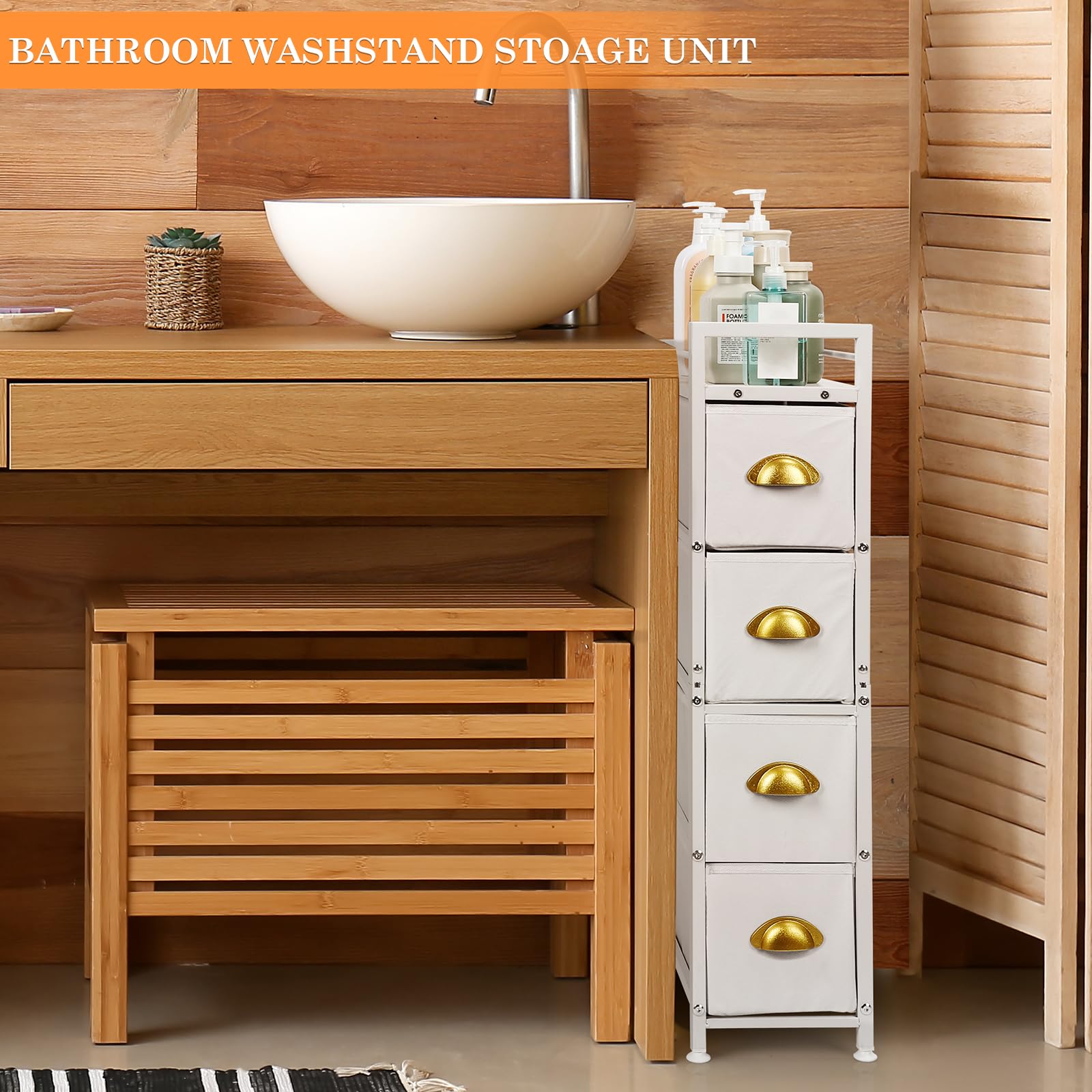 HAITRAL Narrow Dresser - 4 Drawers Fabric Storage Cabinet - Vertical Standing Storage Chest - Gaps Tower Organizer with Removable Drawers and Wooden top for Laundry, Living Room, Entryway (White)
