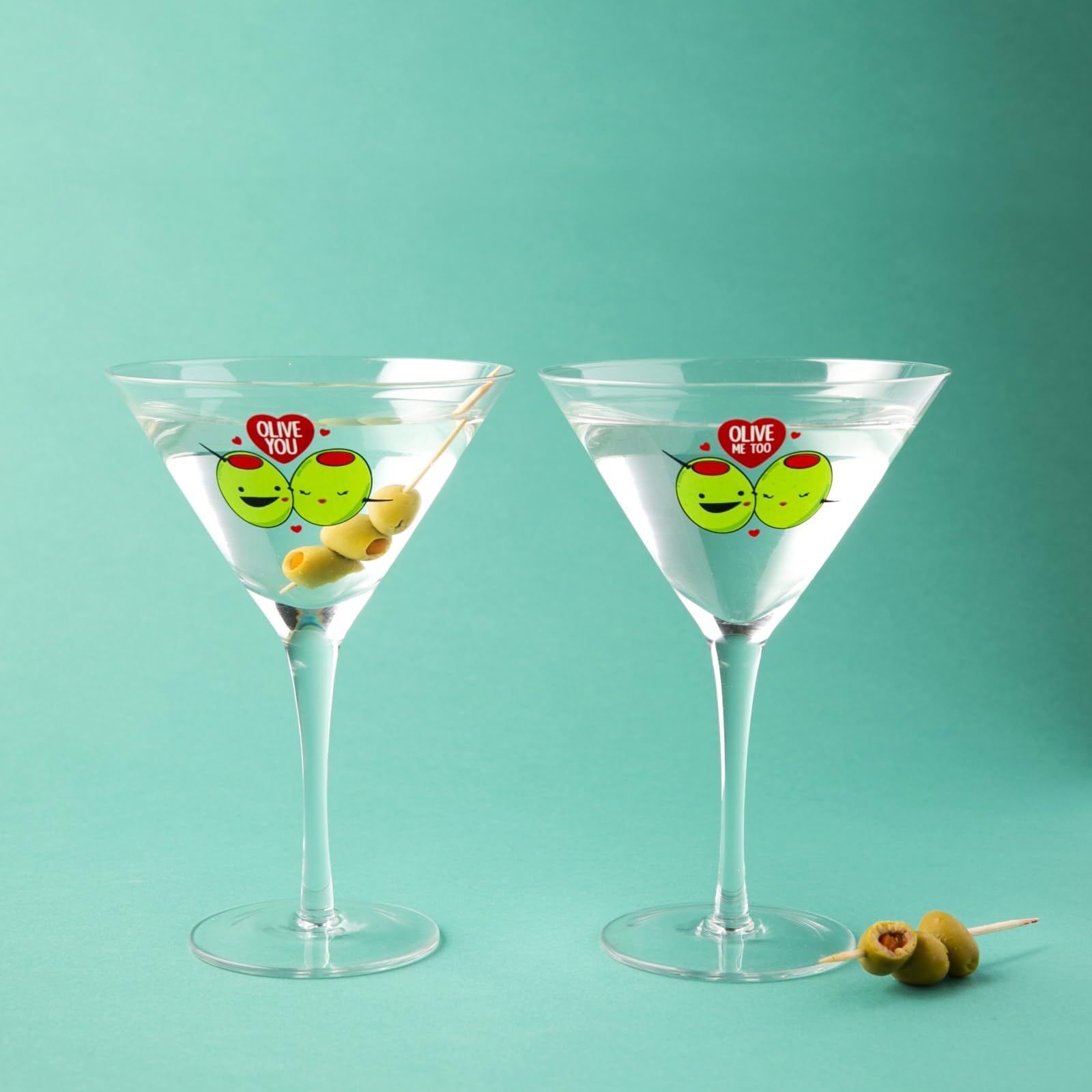 BigMouth Inc. Olive Martini Set – Set of 2 – Each Glass Holds 8 oz, First Glass Reads “Olive You”, Second Glass Reads “Olive Me Too” - Makes a Great Gift, Made of Glass, Clear, BMCG-0005