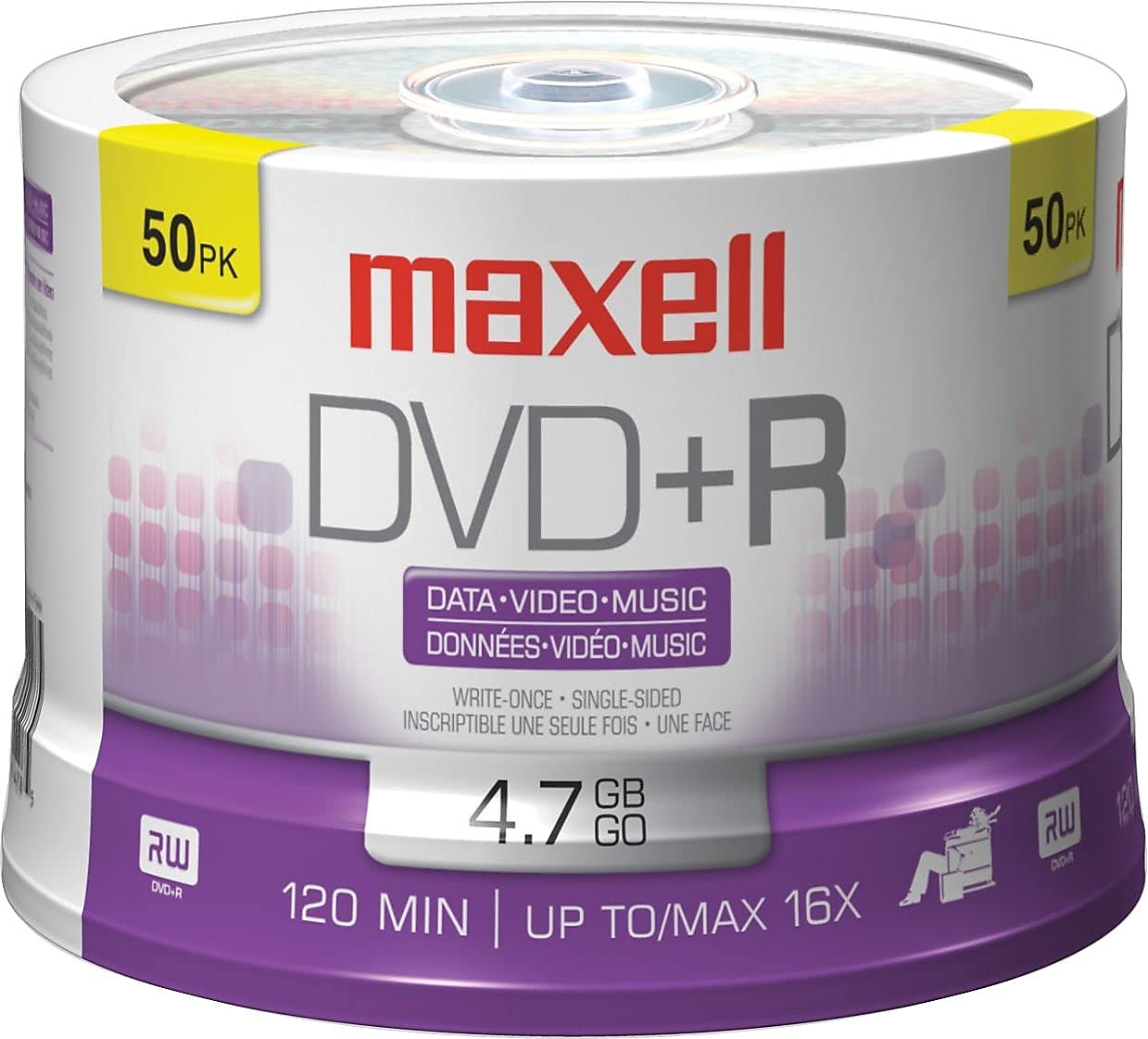 Maxell 639013 DVD+R Discs, 4.7GB, 16x, Spindle, Silver, 50/Pack