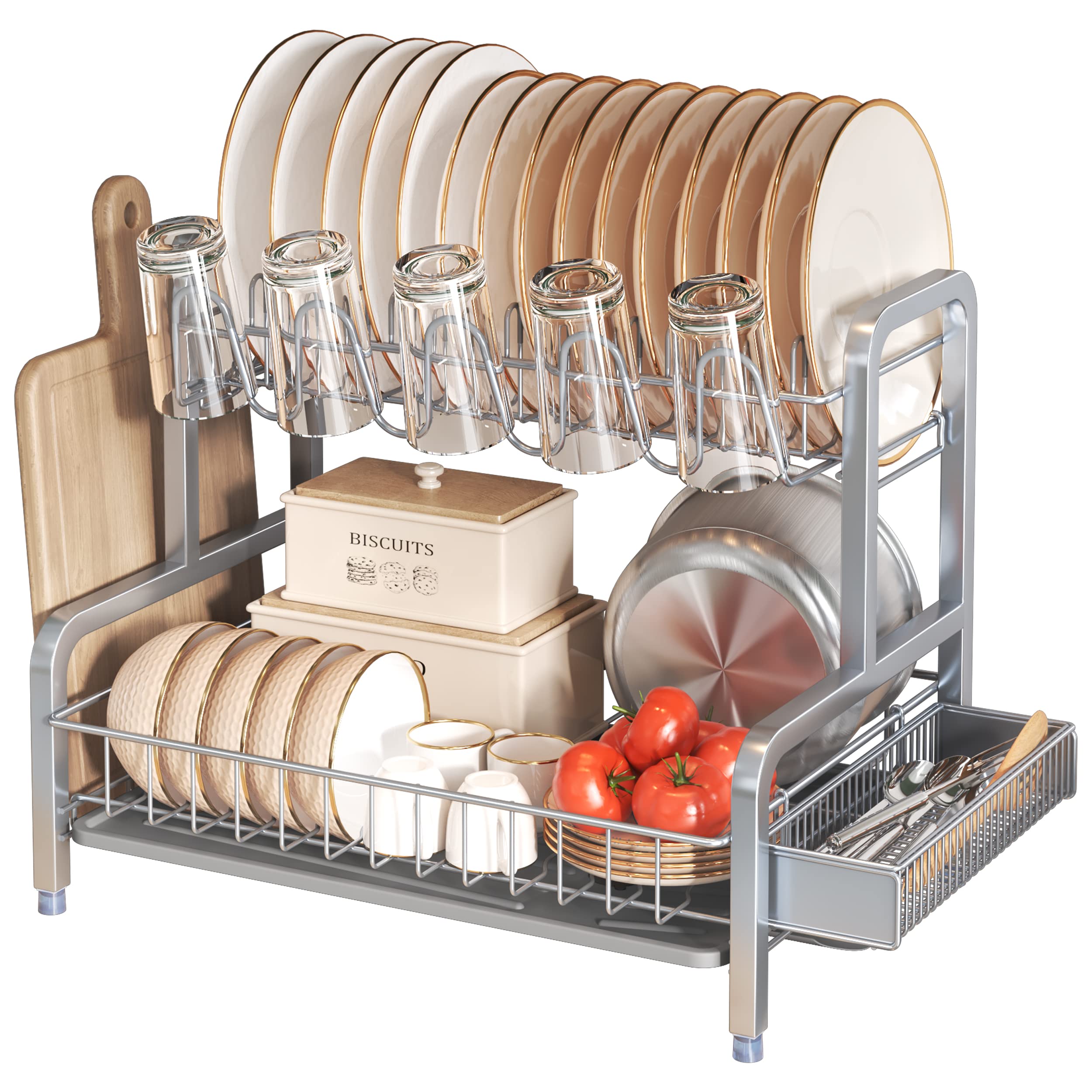 BOOSINY 2 Tier Dish Drying Rack and Drainboard Set, Large Stainless Steel Dish Drainers for Kitchen Counter, Dish Strainer Shelf with Cup-Holder (Grey)