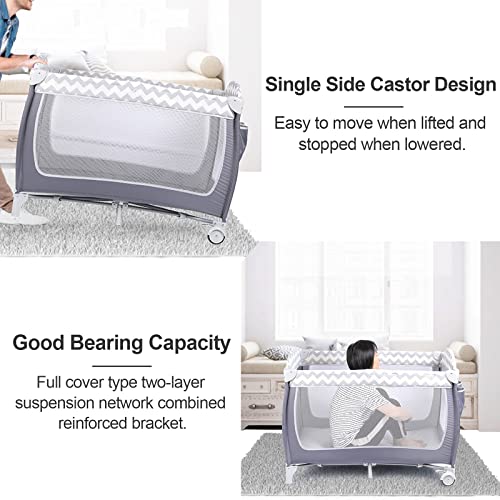 SoQte Foldable Luxury Nursery Baby Center, Multi Functional Movable Bed with Removable Diaper Table, Bed Net, Lovely Toys, Storage Bag, Portable Travel Crib with Wheels