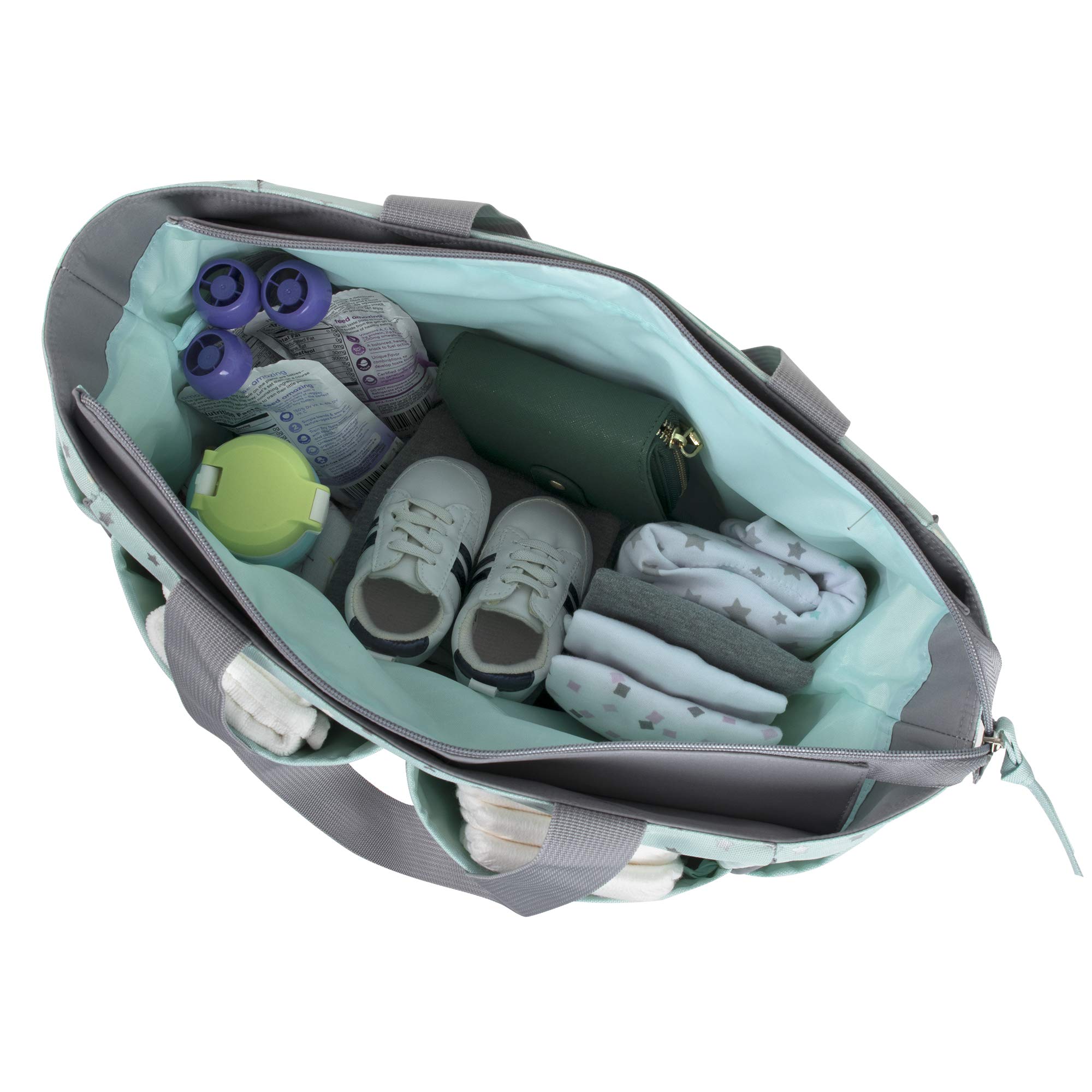 Baby Essentials Diaper Bag Tote 5 Piece Set with Sun, Moon, and Stars, Wipes Pocket, Dirty Diaper Pouch, Changing Pad (Grey/Pink)