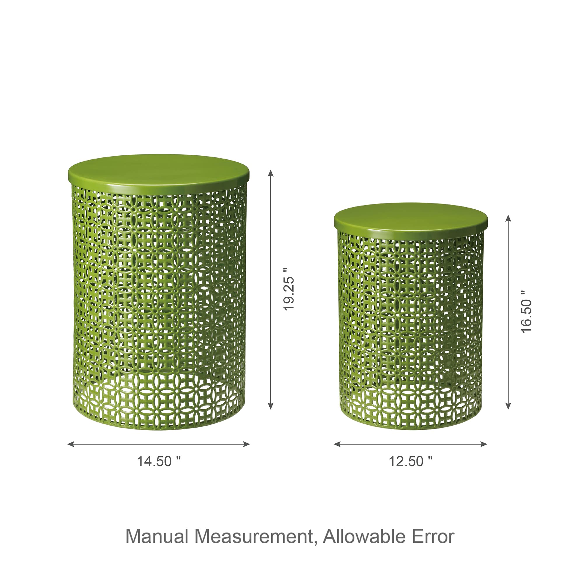 Glitzhome Outdoor Side Table Set of 2, Decorative Garden Stool for Indoor Outdoor Heavy Duty Metal Frame Accent Table Modern End Table, Glossy Green