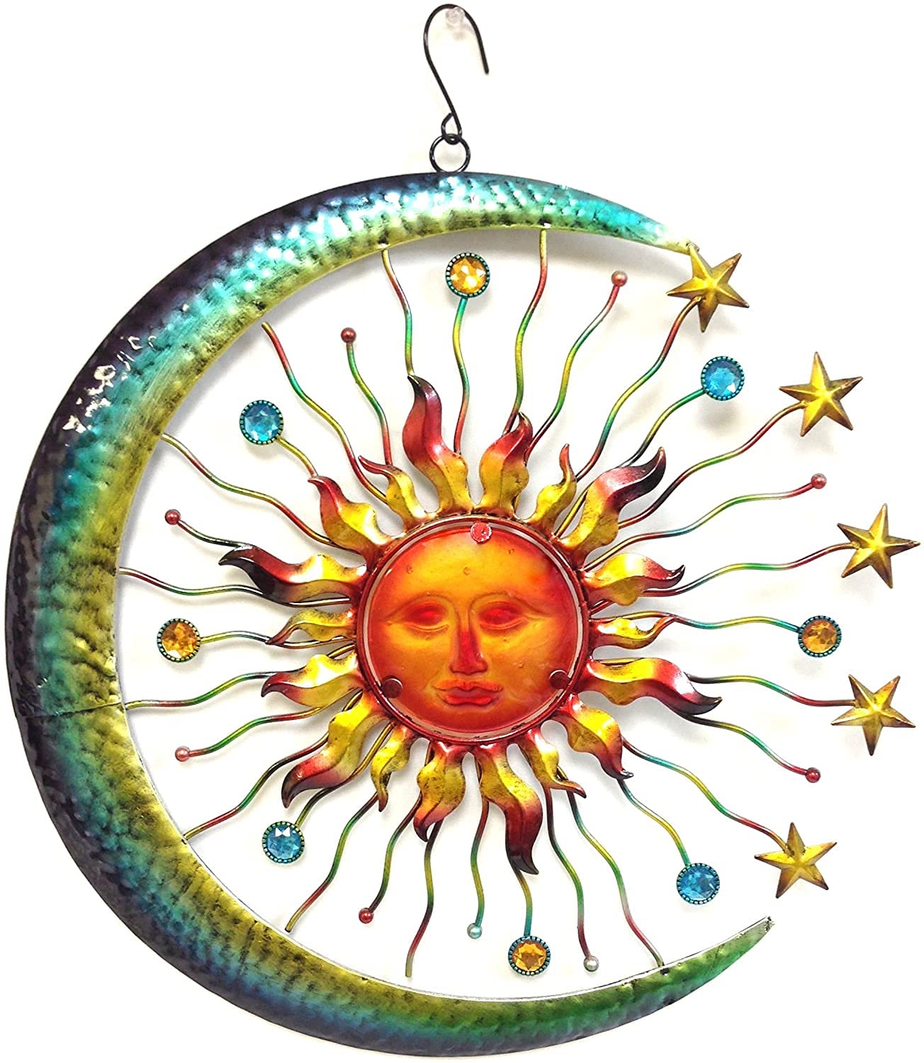 Bejeweled Display Large Sun Face, Star & Moon w/Glass Wall Art Plaque & Home Decor
