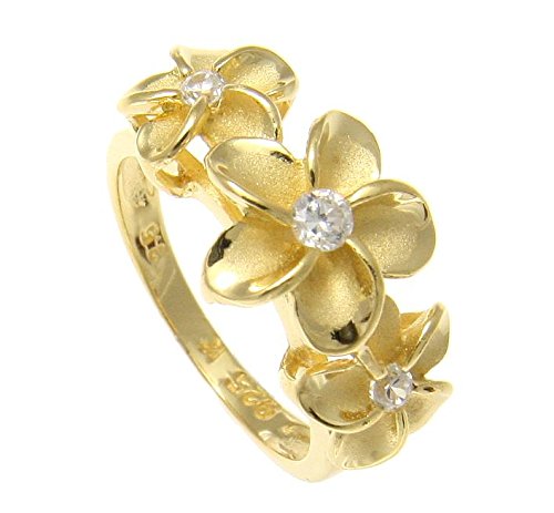 Arthur's Jewelry Yellow gold plated sterling silver 925 Hawaiian 3 cz plumeria flower ring size 9