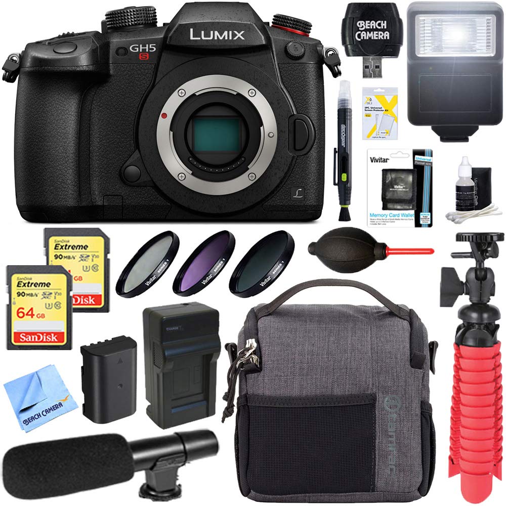 Panasonic LUMIX GH5S 10.2MP C4K Mirrorless ILC Camera Body, Wi-Fi & Bluetooth + 64GB Dual Memory & Microphone Deluxe Bundle