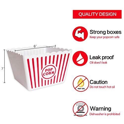 Novelty Place Plastic Red & White Striped Classic Popcorn Containers for Movie Night - 8" Square x 7" Deep (1 Pack)