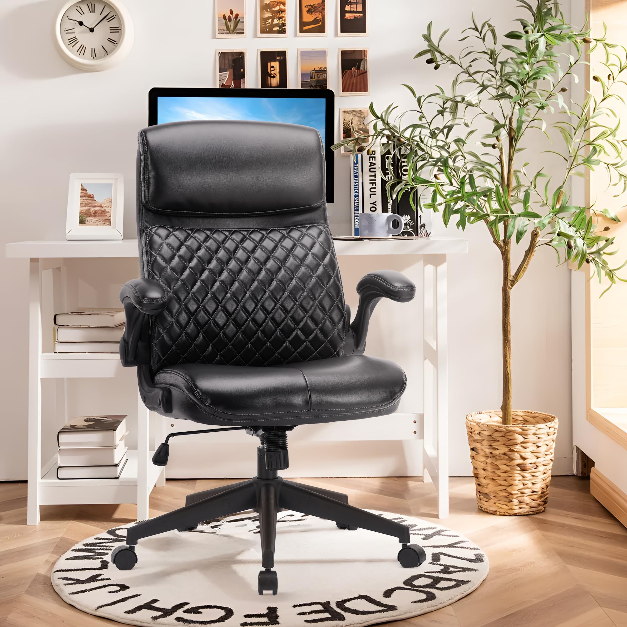 COLAMY Office Desk Chair-Executive Computer Chair, Ergonomic Leather Office Chair with Padded Flip-up Armrests, Adjustable Height Swivel Rolling Work Study Chair for Home Office Conference Room-Black