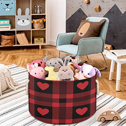 Red Check Plaid Valentine's Day Large Round Baskets for Storage Laundry Baskets with Handles Blanket Storage Basket for Bathroom Shelves Bins for Organizing Nursery Hamper Girl Boy